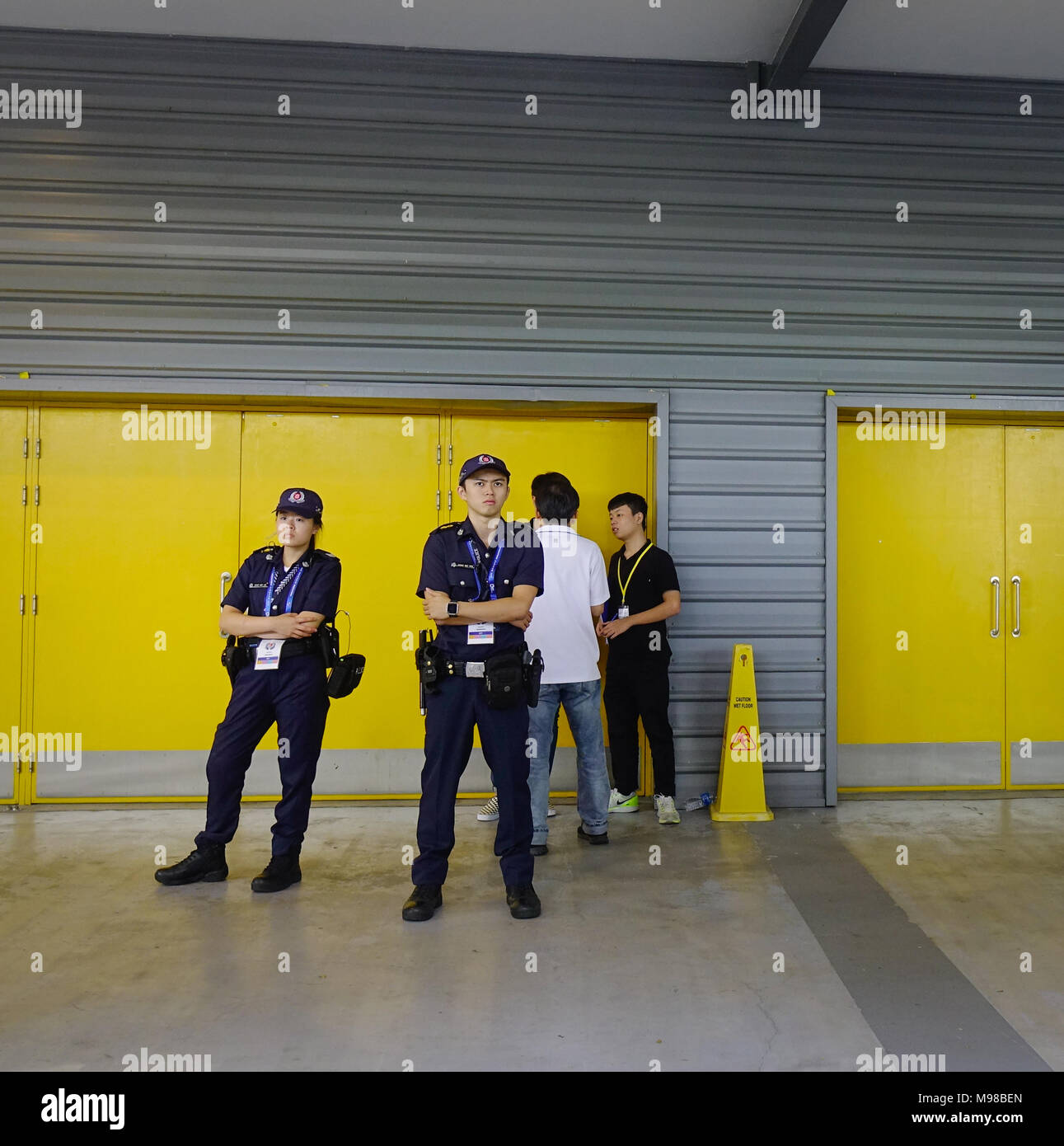 Singapore - Feb 11, 2018. Police men working at bus station to Changi ...