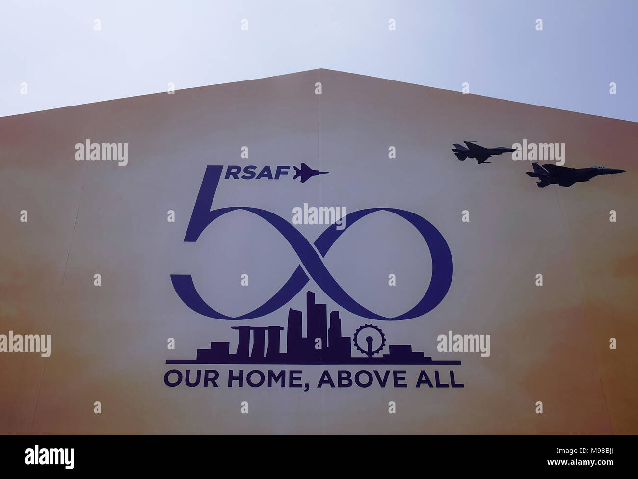 Singapore - Feb 11, 2018. Backdrop of RSAF50 (50th Years Singapore Air ...