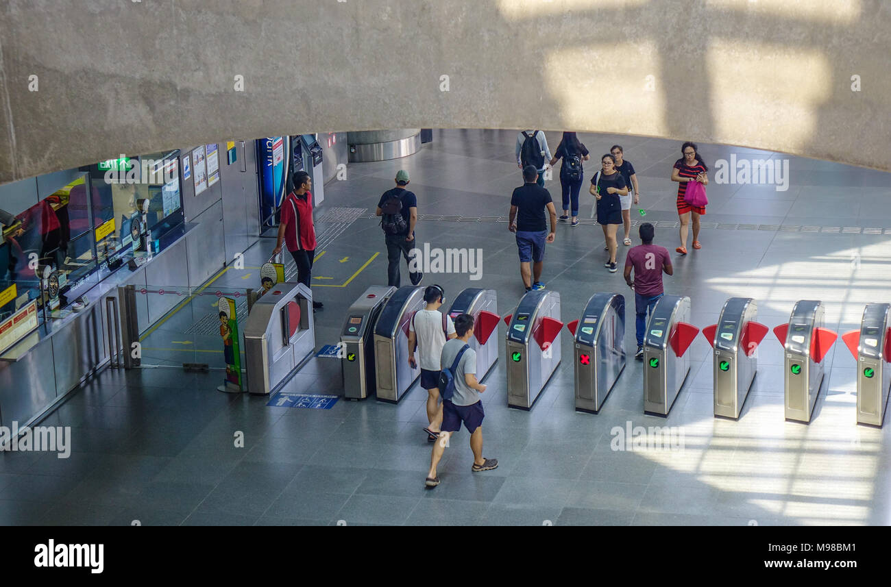 Singapore - Feb 11, 2018. Interior of MRT station in Singapore. The MRT ...