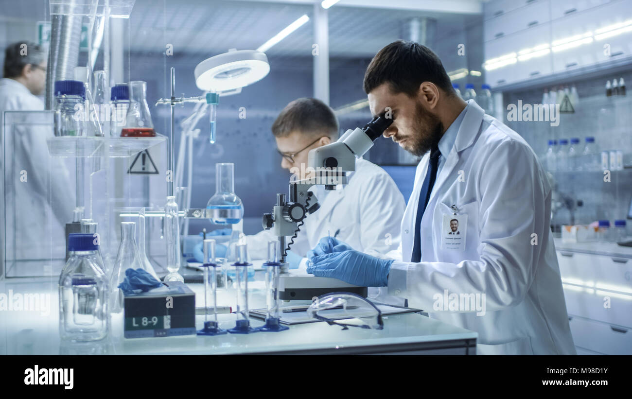 In a Modern Laboratory Two Scientists Conduct Experiments. Chief Research Scientist Adjusts ...