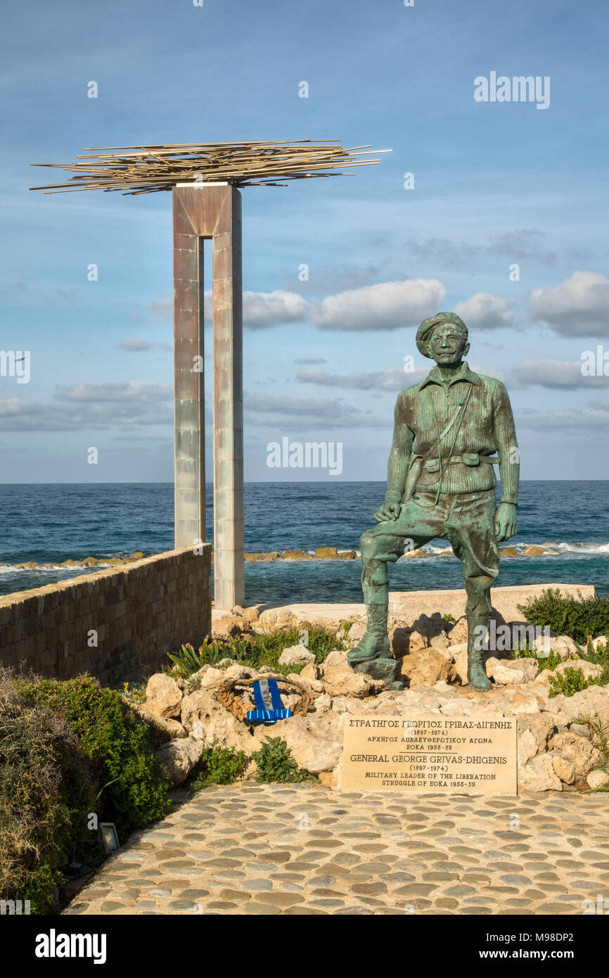 Monument and statue to Georgios Grivas in the spring sunshine of Paphos ...