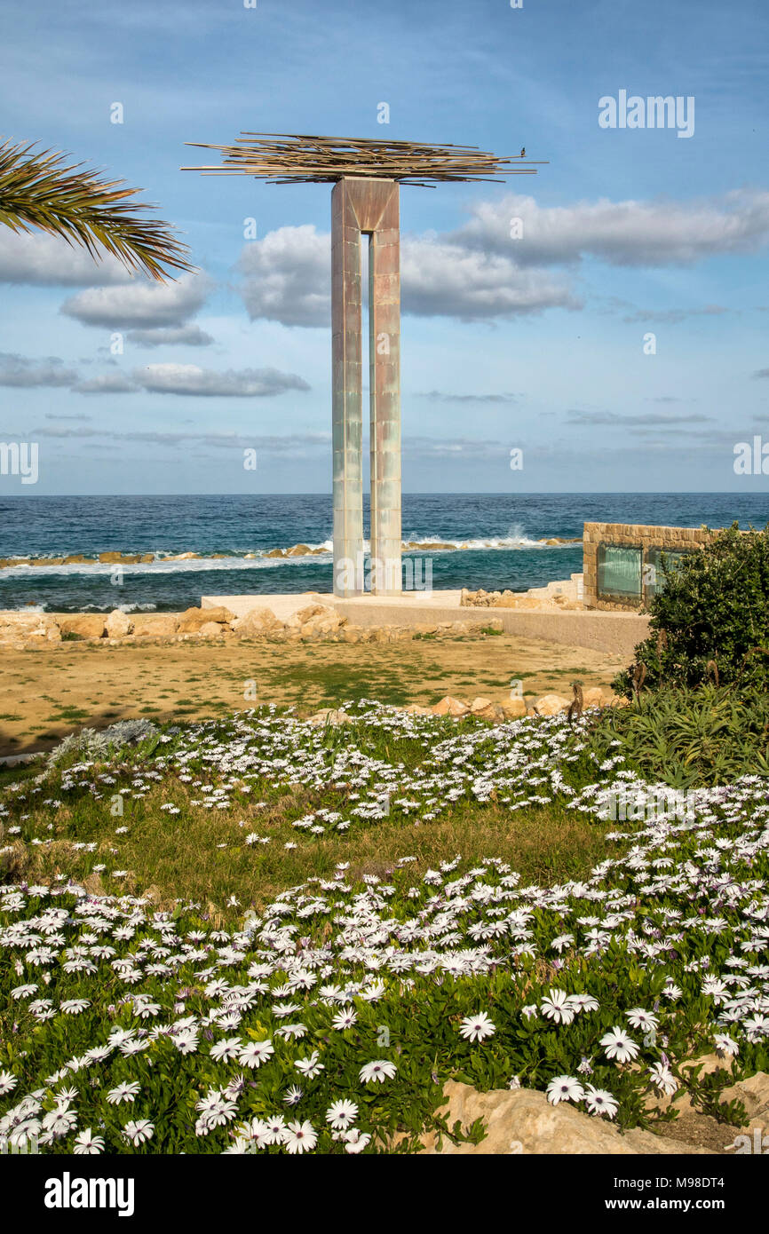 Paphos spring landscape with wild flowers sunshine and seascape with ...