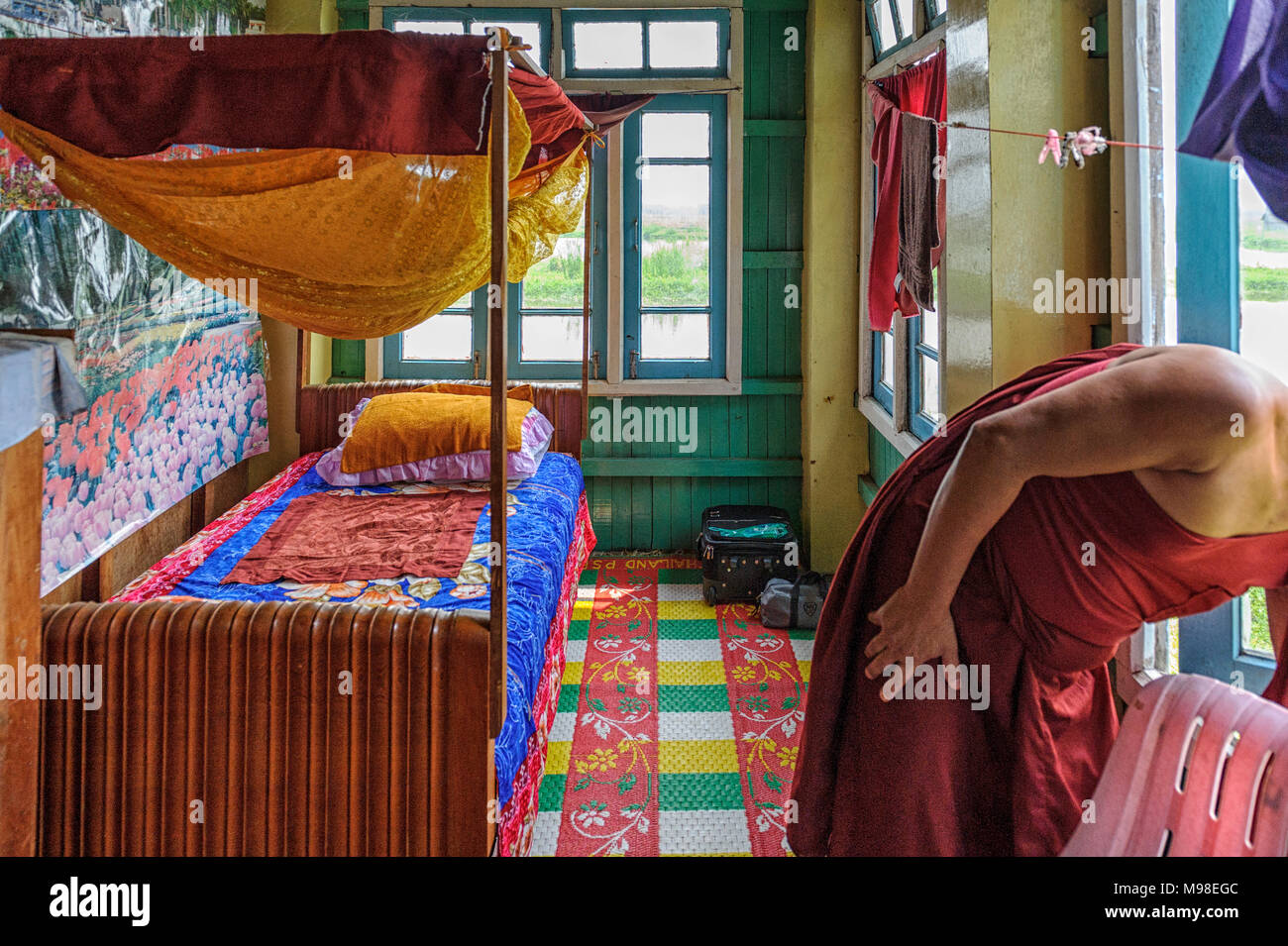 Sleeping area at the Jumping Cat Monastery (Nga Phe Chaung) Myanmar ...