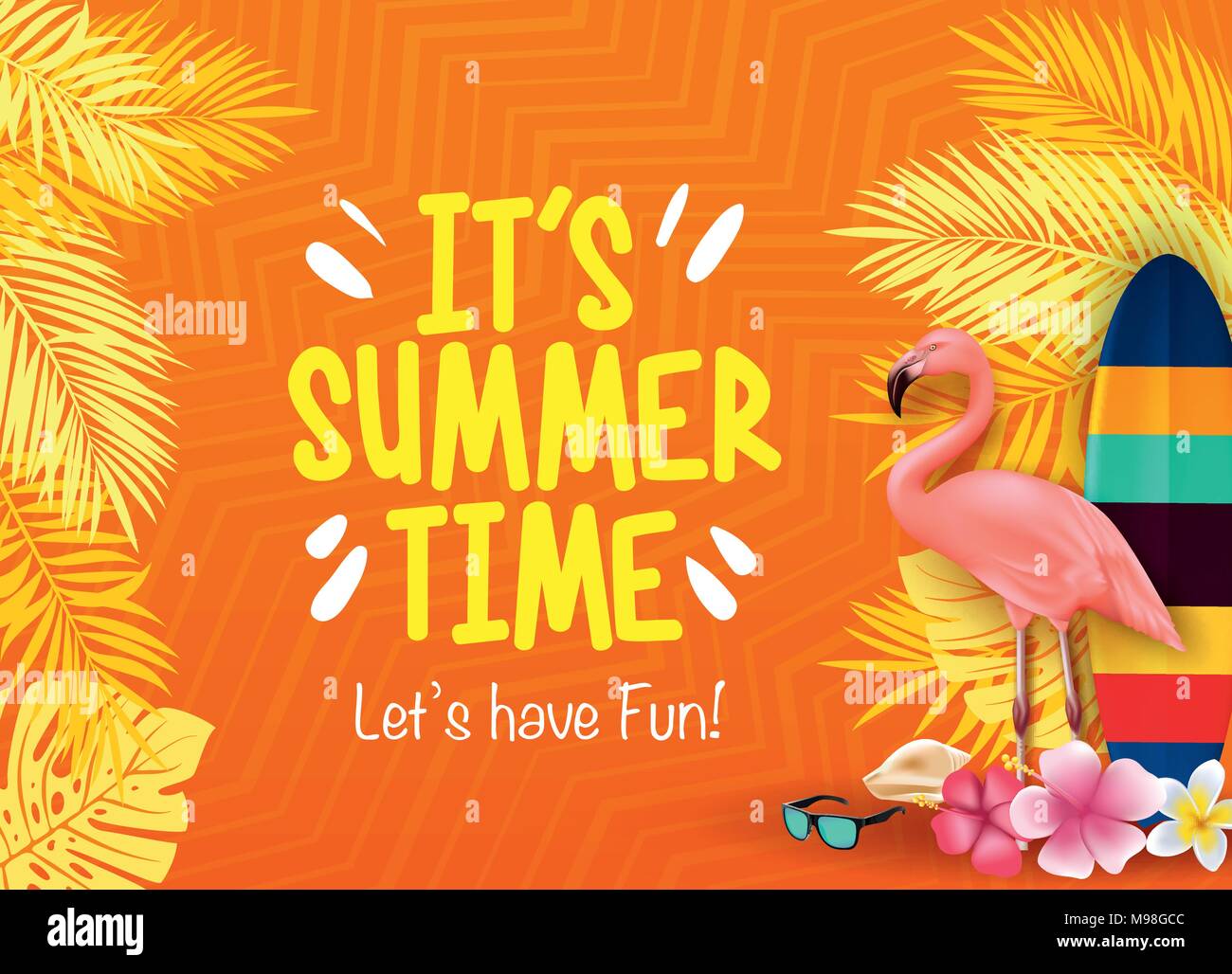 It's Summer Time Let's Have Fun with Flamingo, Surfboard, Flowers, Palm ...