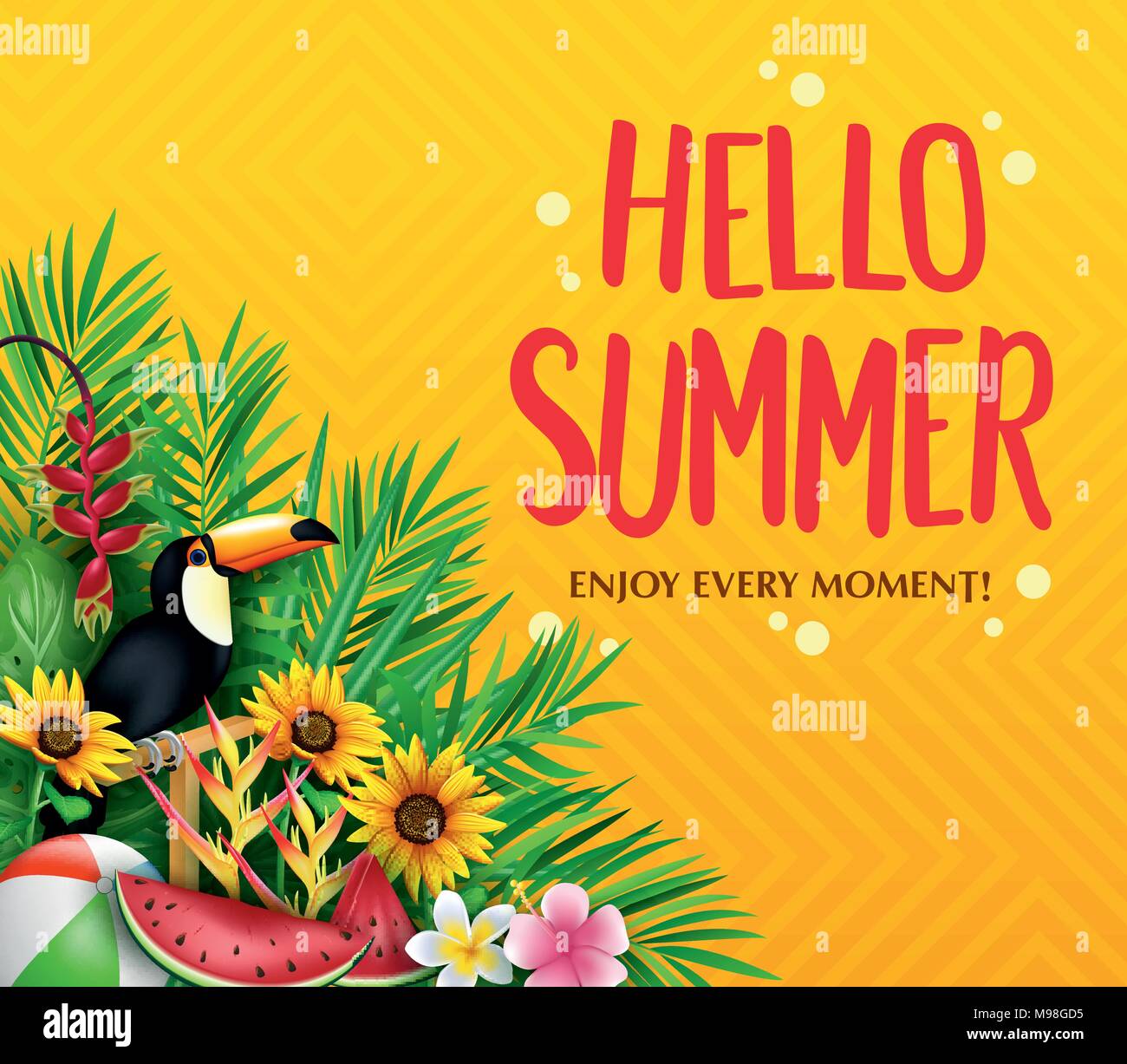 Hello Summer Enjoy Every Moment Poster with Toucan, Palm Tree Leaves ...