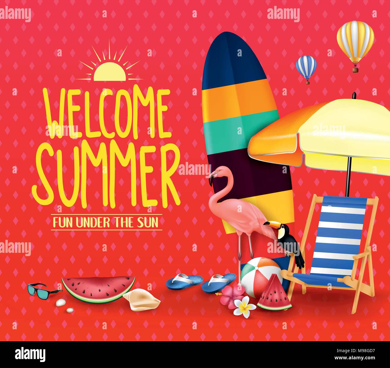 Welcome Summer Fun Under the Sun Poster with Umbrella, Surfboard ...