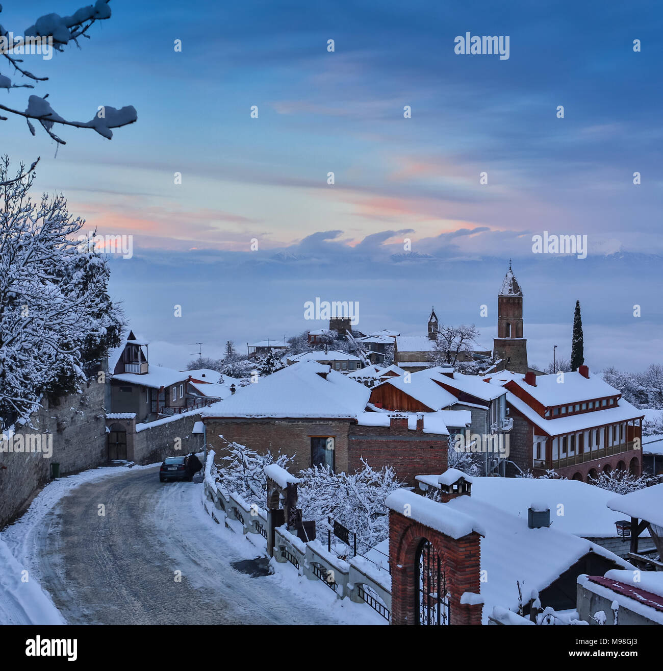 The winter view of Sighnaghi Signagi old town at winter in Kakheti ...
