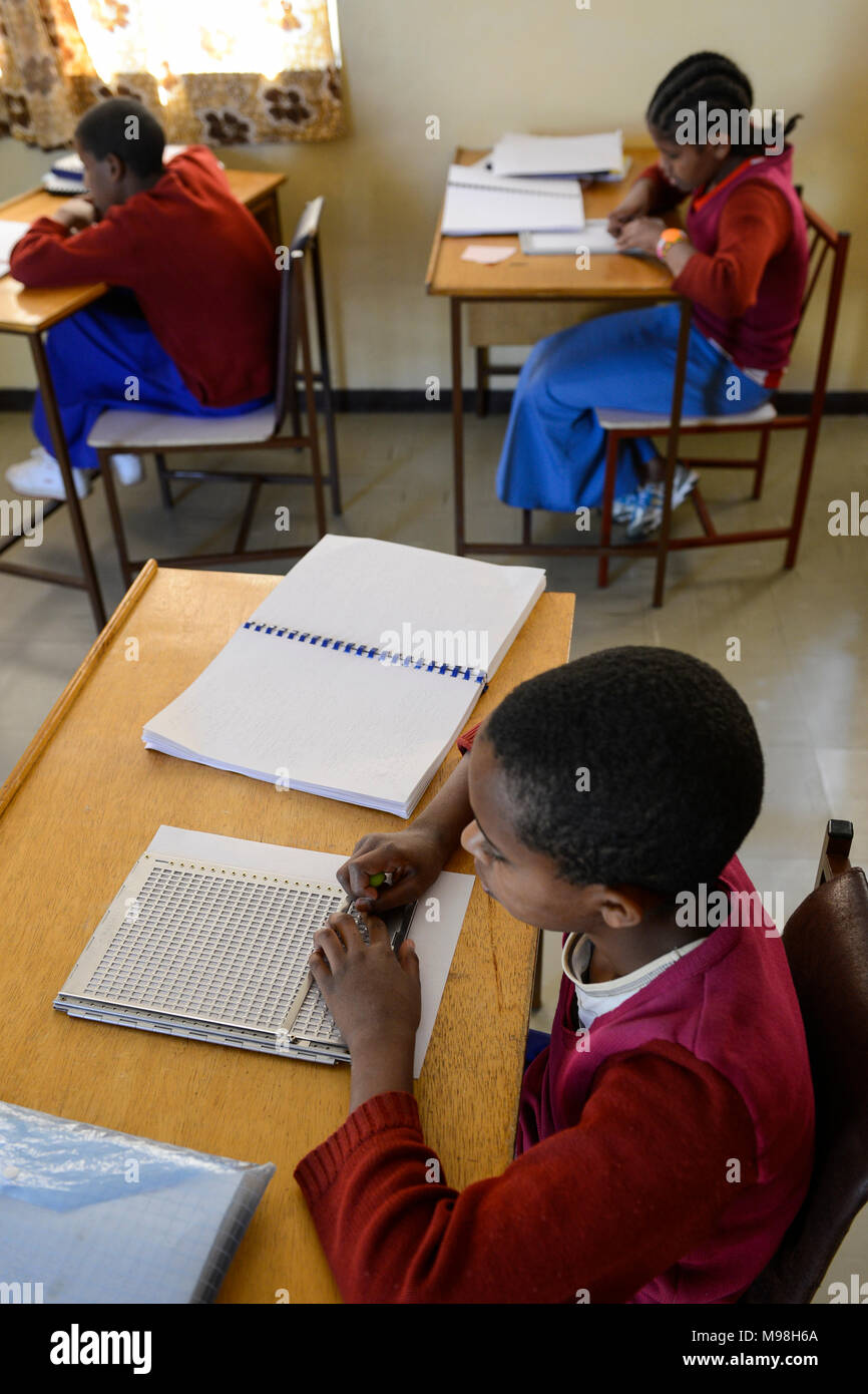 ETHIOPIA, Amhara, Gondar, school for blind children, writing braille ...
