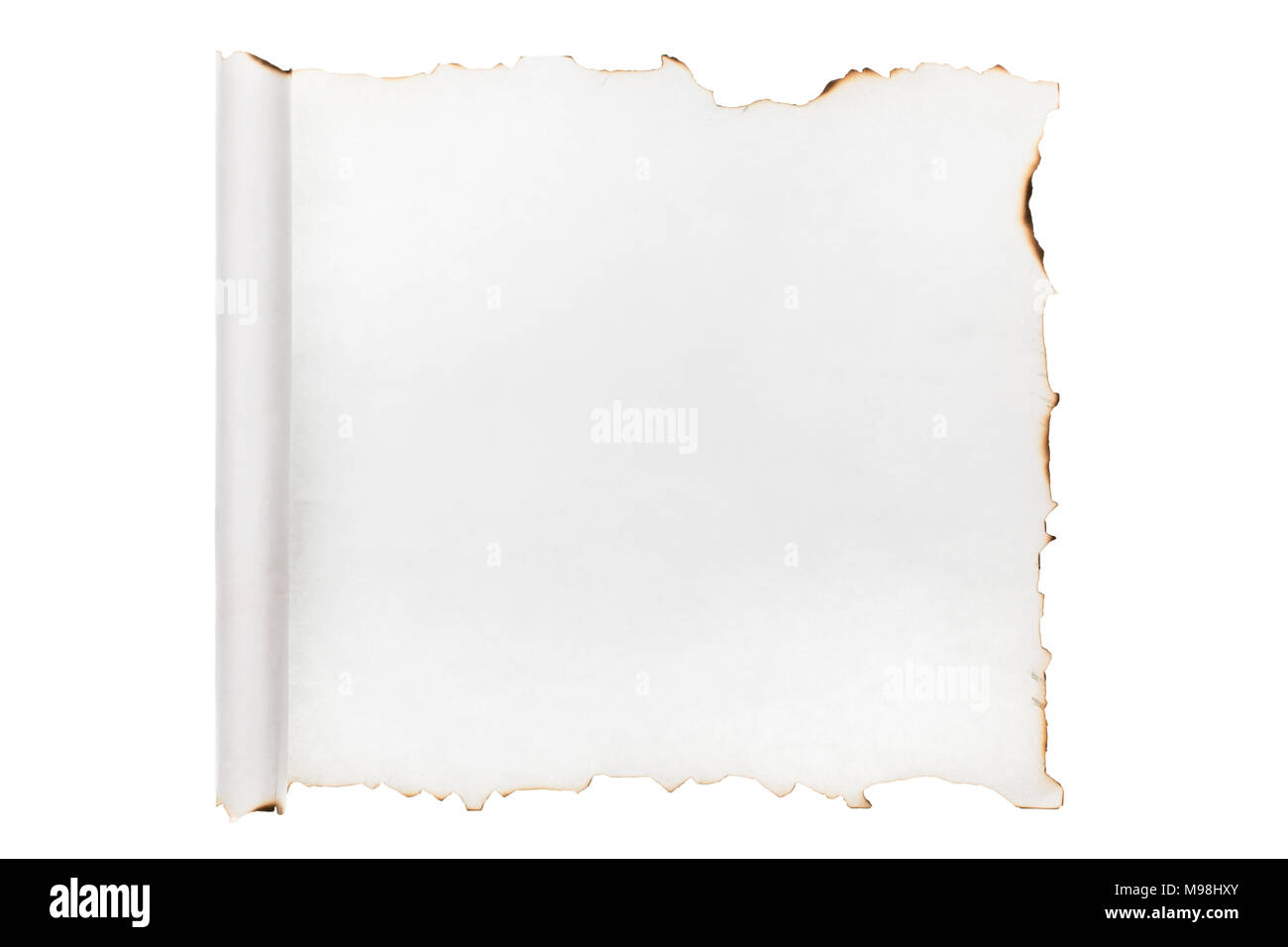 Rolled-up piece of paper with the scorched edges. Isolated on white ...