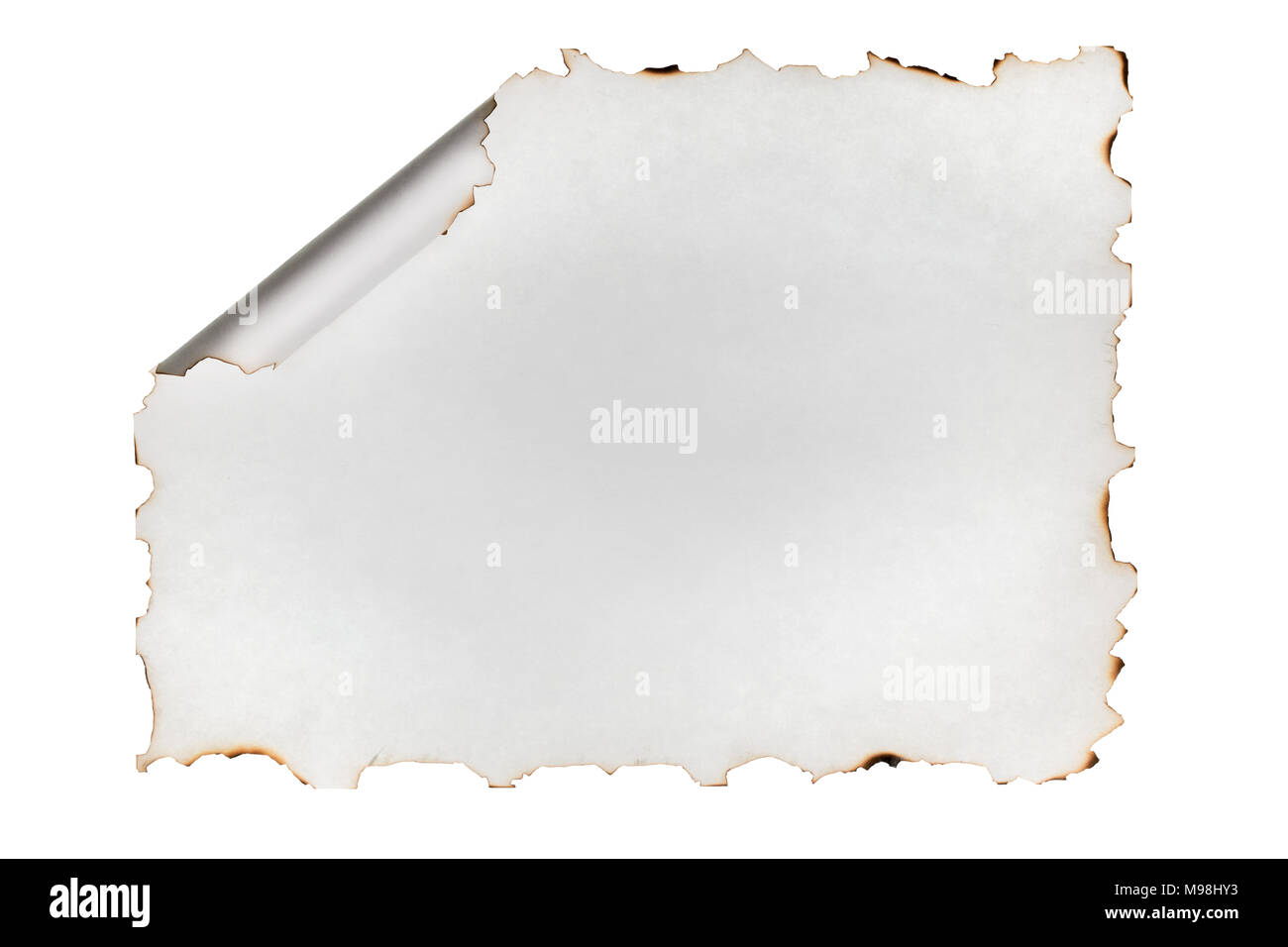 Rolled-up piece of paper with the scorched edges. Isolated on white ...