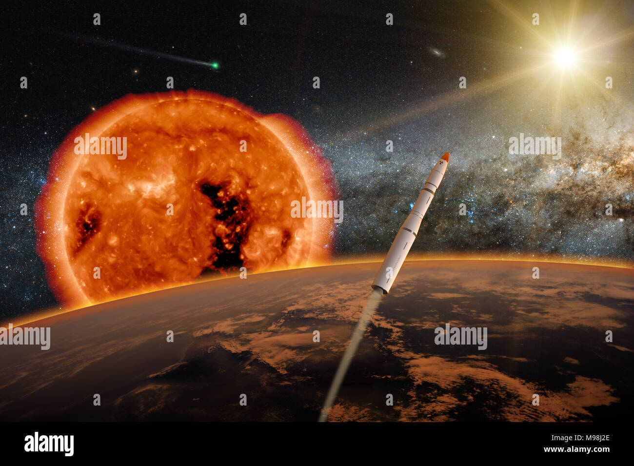 Hypersonic missile or rocket over the apocalyptic Earth. A new star is ...