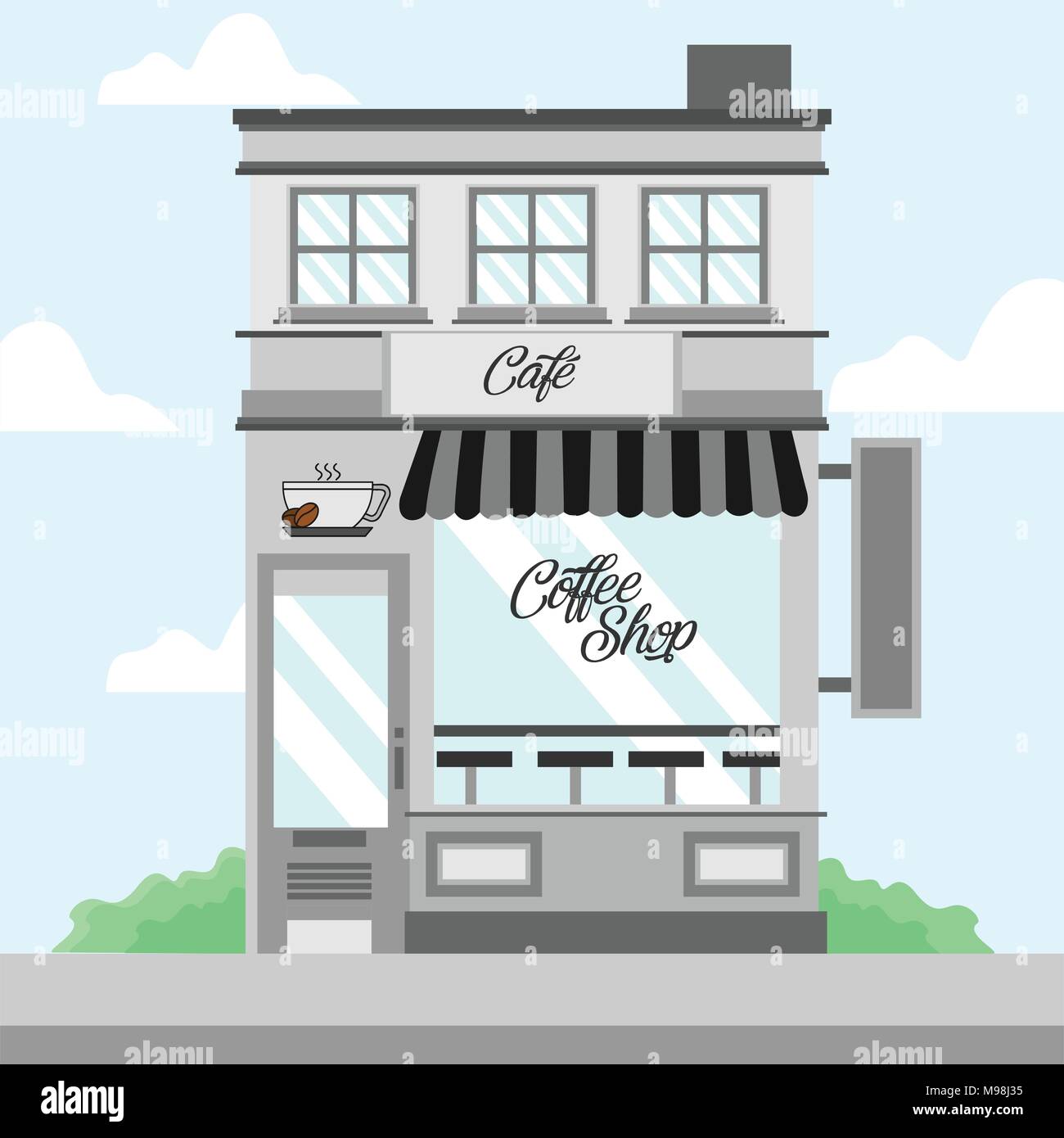 Grey Coffee Shop Storefront Building Vector Background Illustration ...