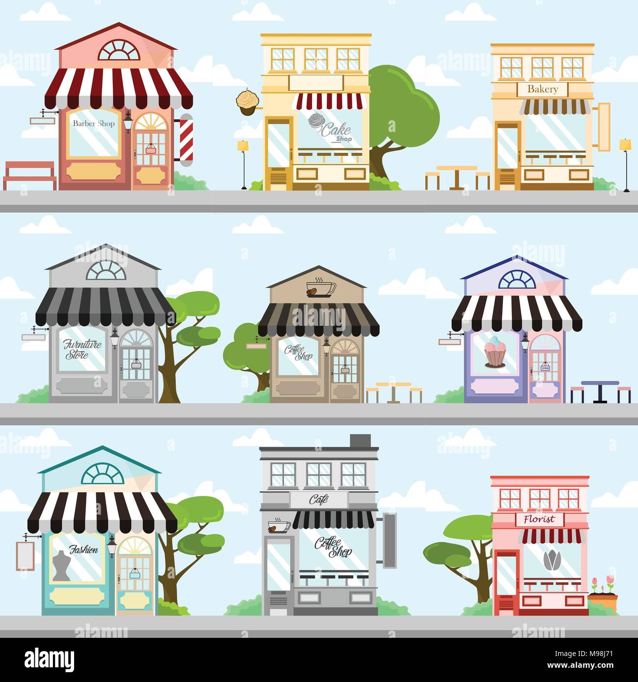 Various Store Front Building Vector Background Illustration Graphic ...