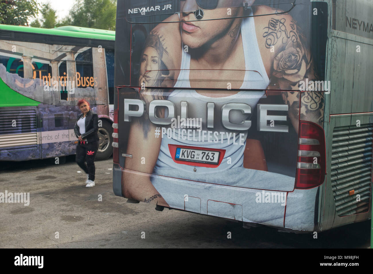Colourful public transport at the Karavella bus station in spring ...