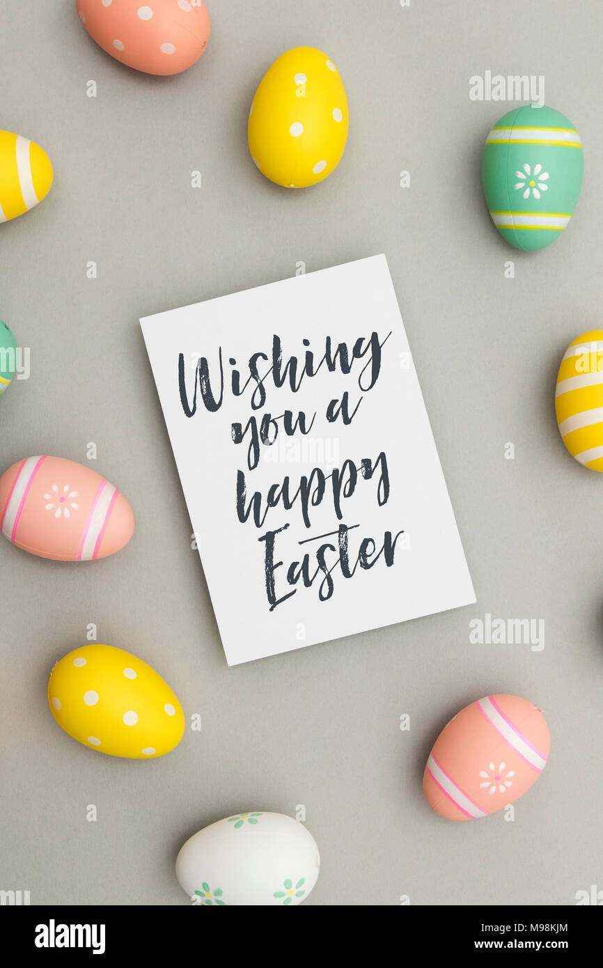Colourful easter eggs with a handwritten easter message Stock Photo - Alamy
