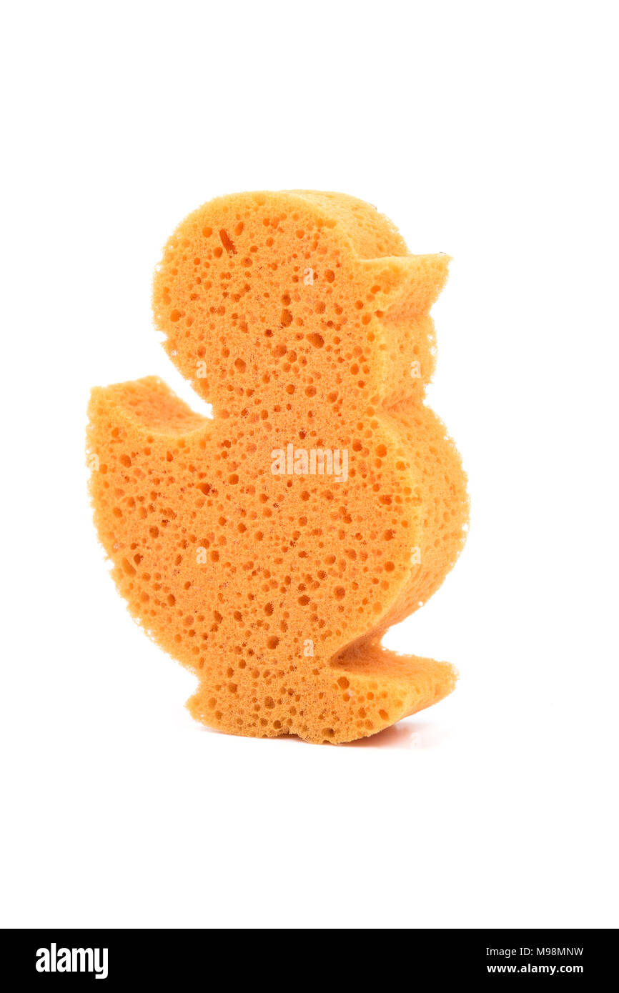 Duck shaped bath sponge isolated on white background, surface. Orange ...