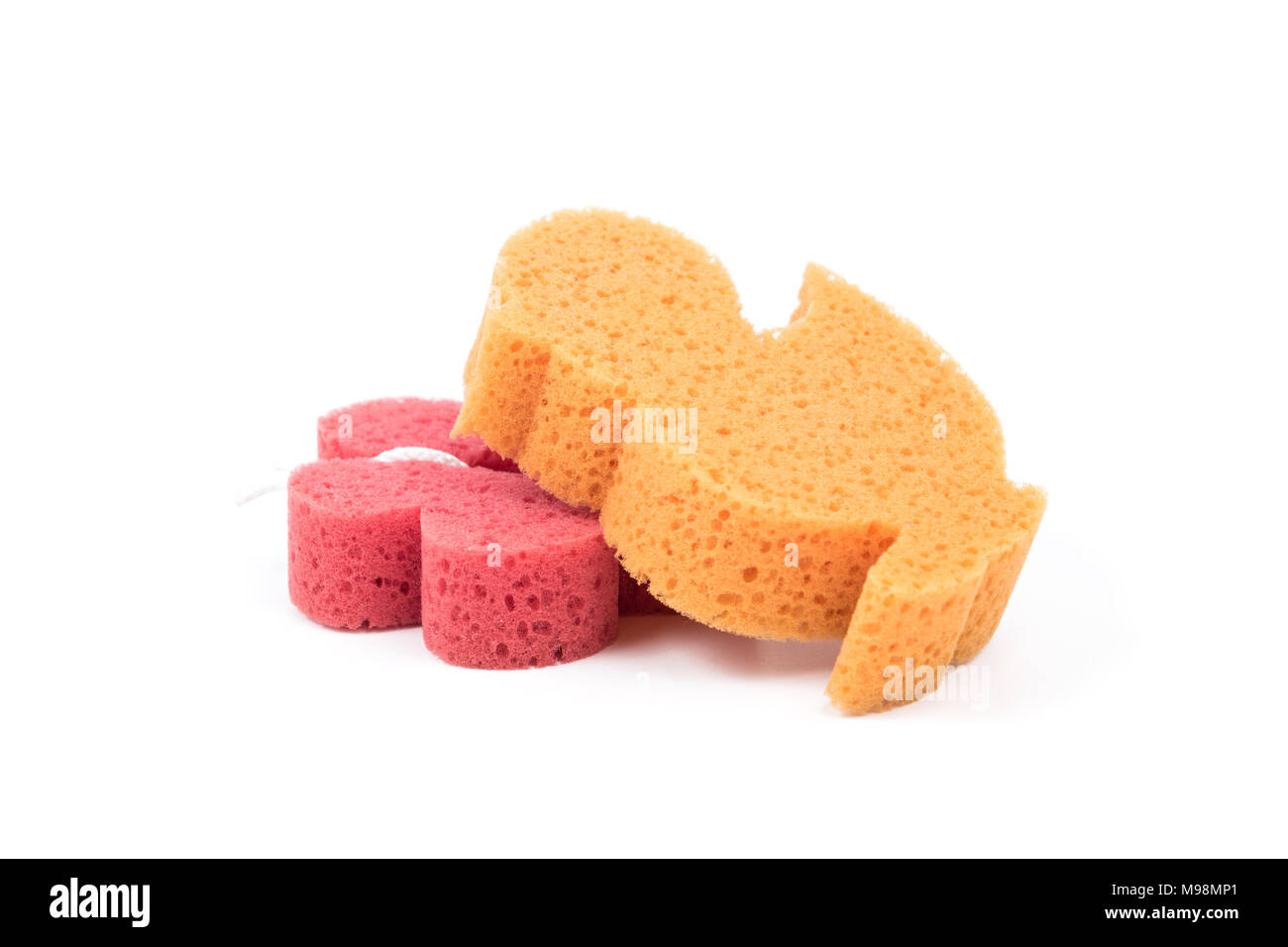 Flower and duck shaped bath sponge isolated on white background ...