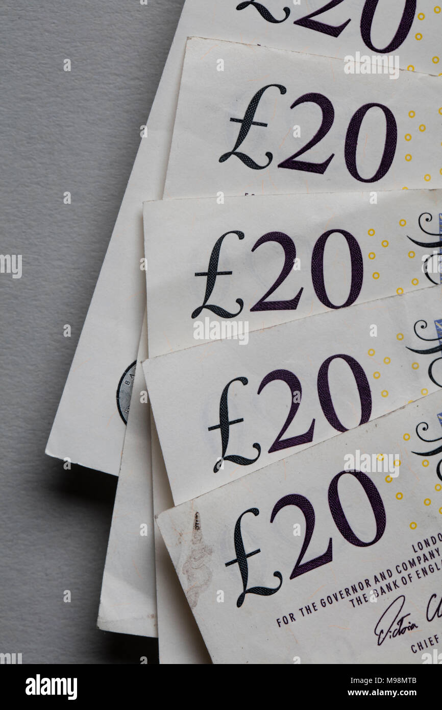 A collection of british sterling twenty pound notes Stock Photo - Alamy