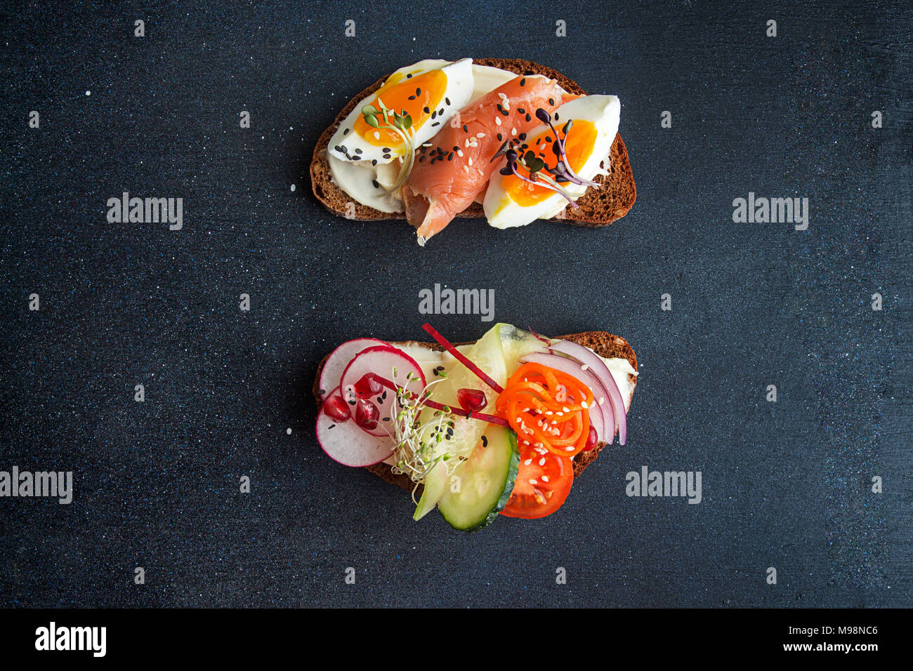 Healthy breakfast toasts. Wholegrain rye bread slice with cream cheese ...