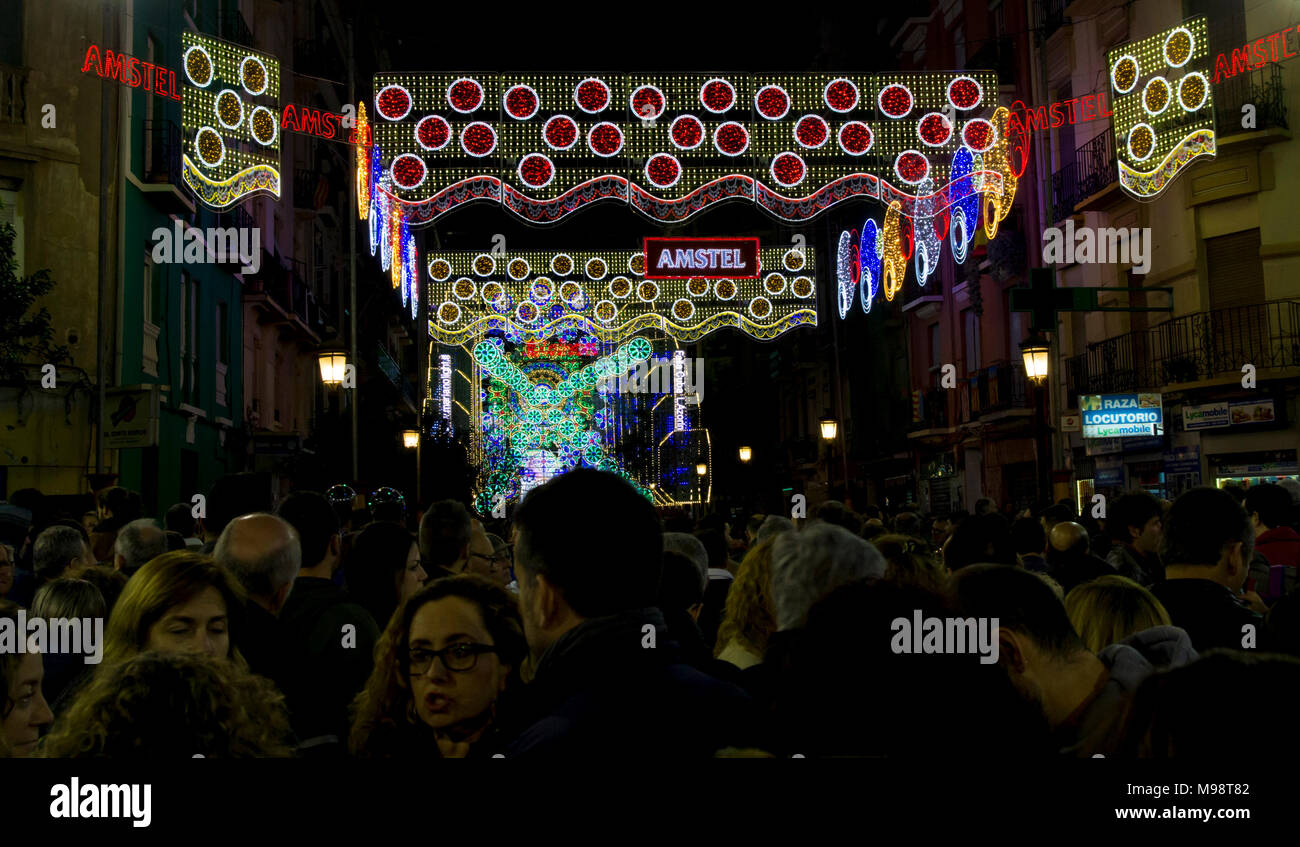 VALENCIA, SPAIN - March 10: Crowds of tourists and locals enjoy colorfu ...