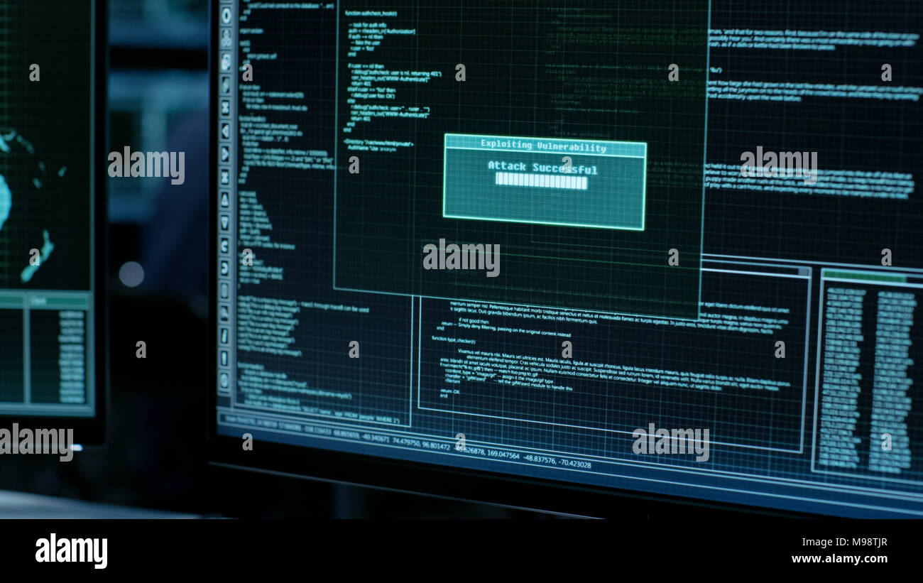 Display Showing Stages of Hacking in Progress: Exploiting Vulnerability ...