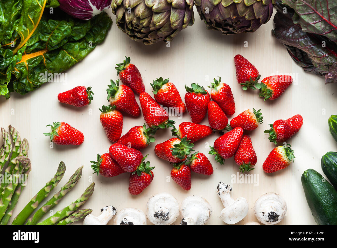 food background with Italian spring and summer vegetables and fruits ...