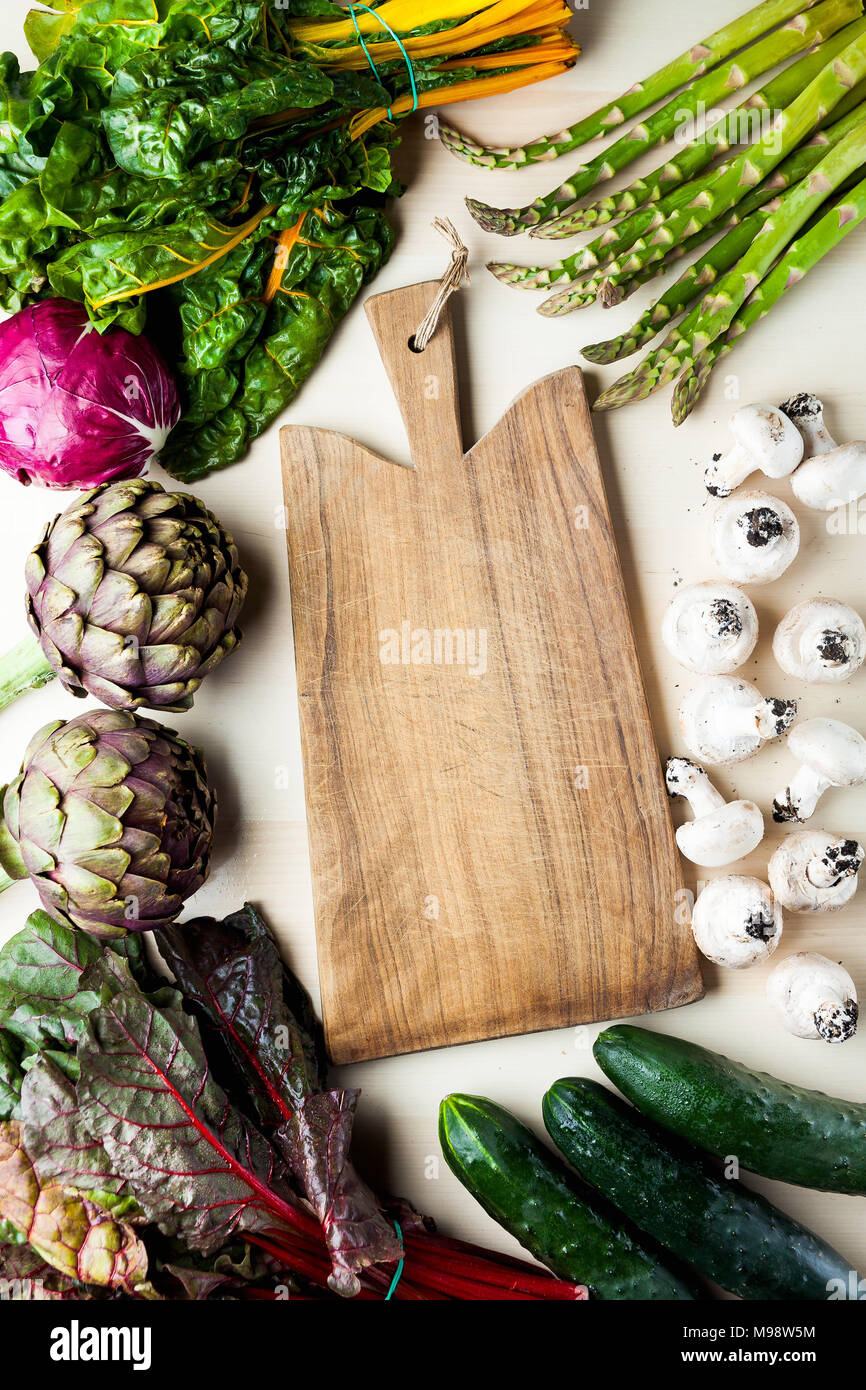 food background with Italian spring and summer vegetables and fruits ...