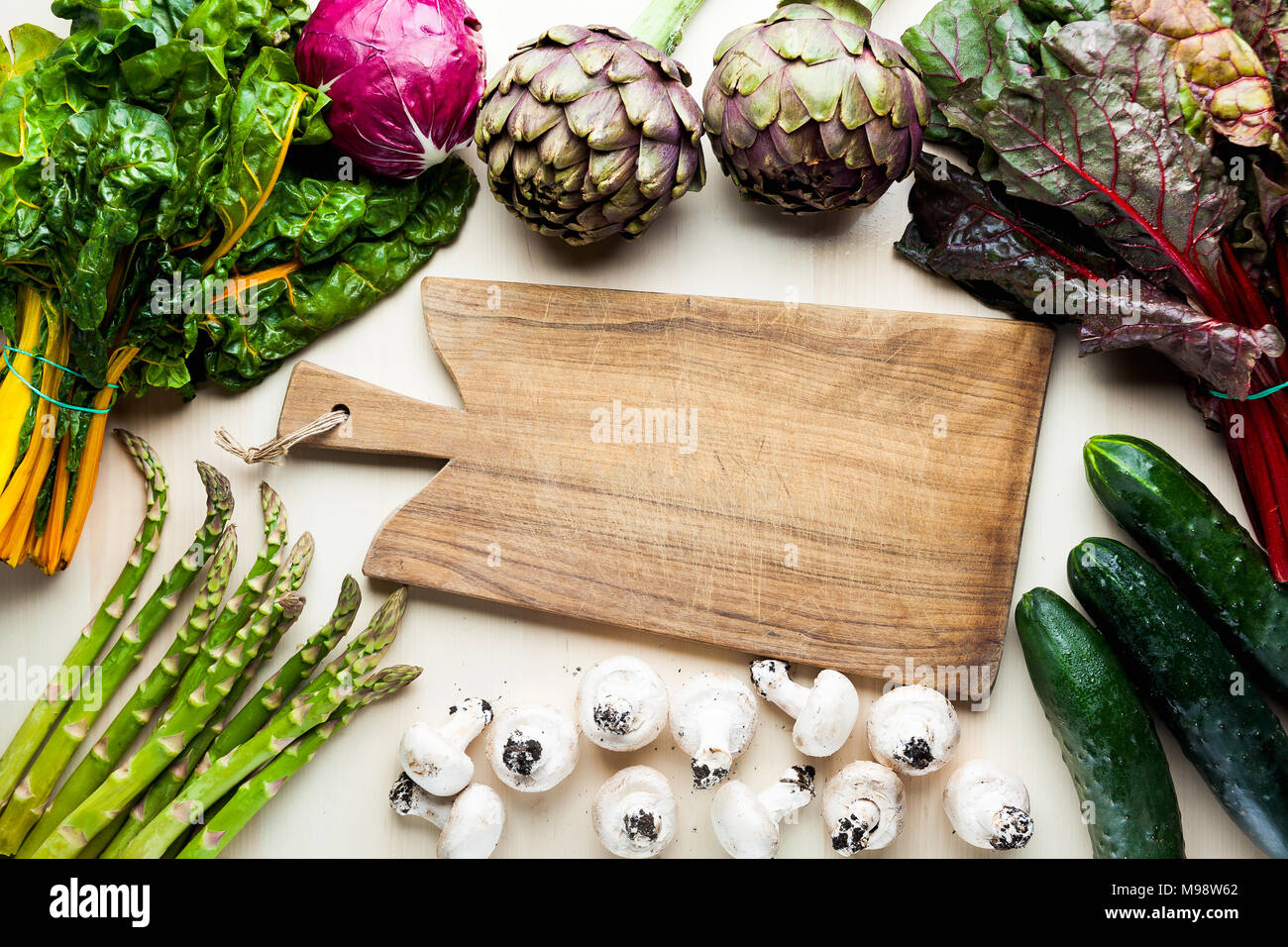 food background with Italian spring and summer vegetables and fruits ...