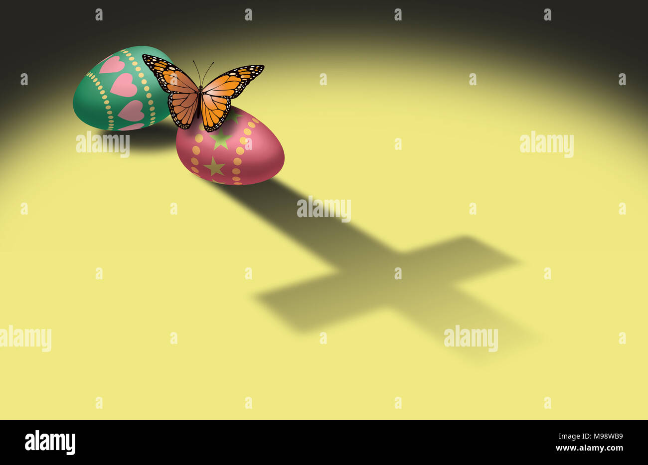 Graphic illustration of Monarch Butterfly resting on decorated Easter ...