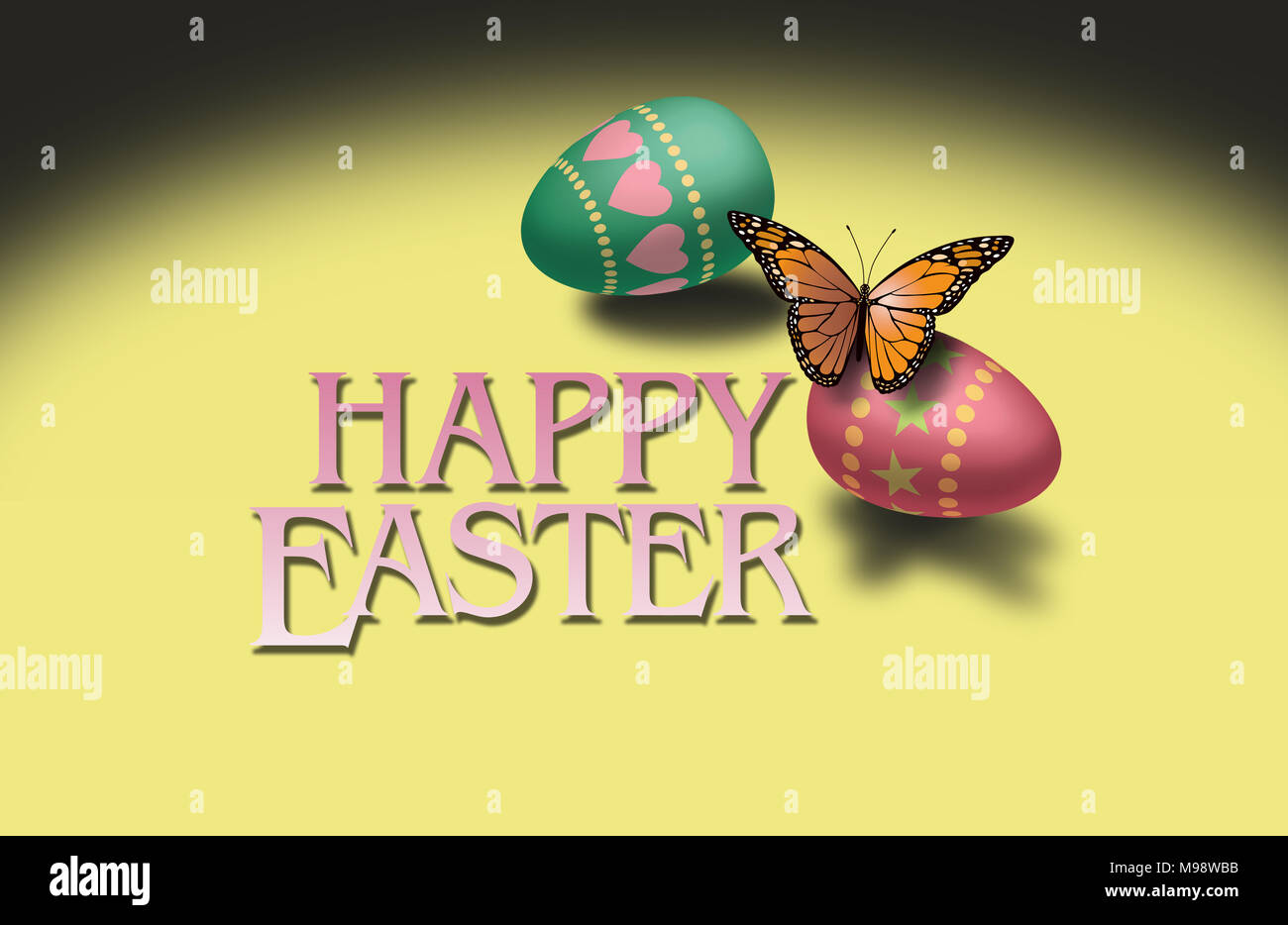 Graphic illustration of Monarch Butterfly resting on decorated Easter ...