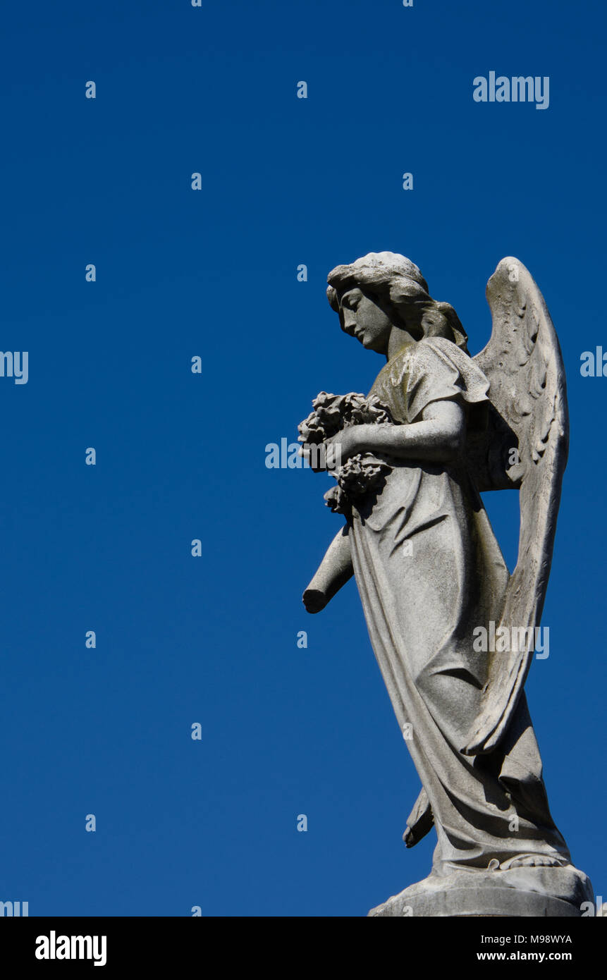 Stone female angel holding flowers looking down. Female angel in ...
