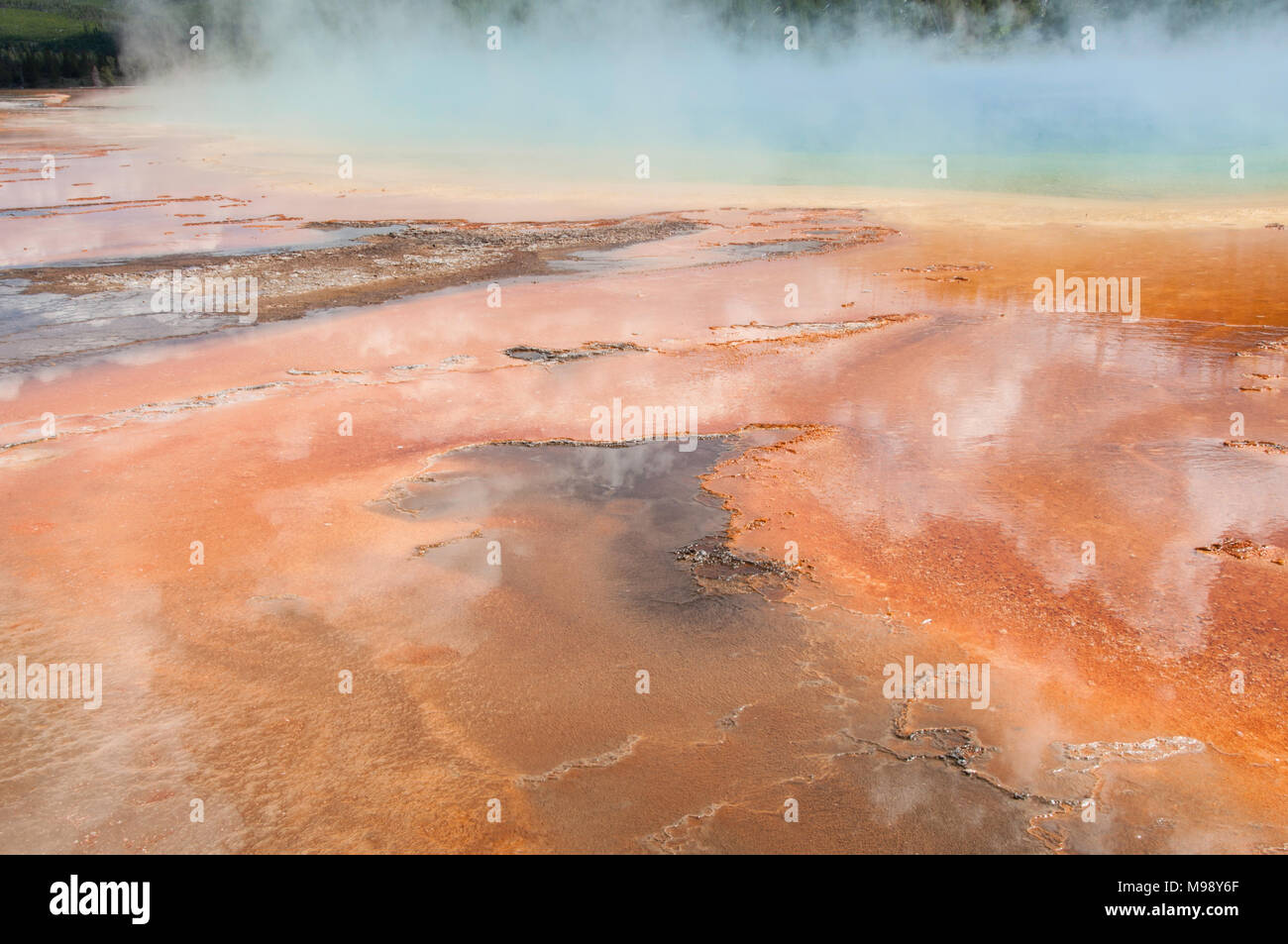Sulphur pool with cloud reflections and steam rising at Yellowstone ...