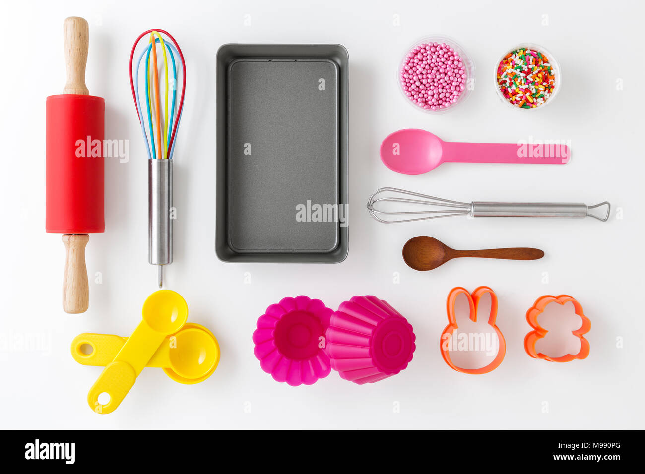 Baking and kitchen utensils and tools on white table background Stock ...