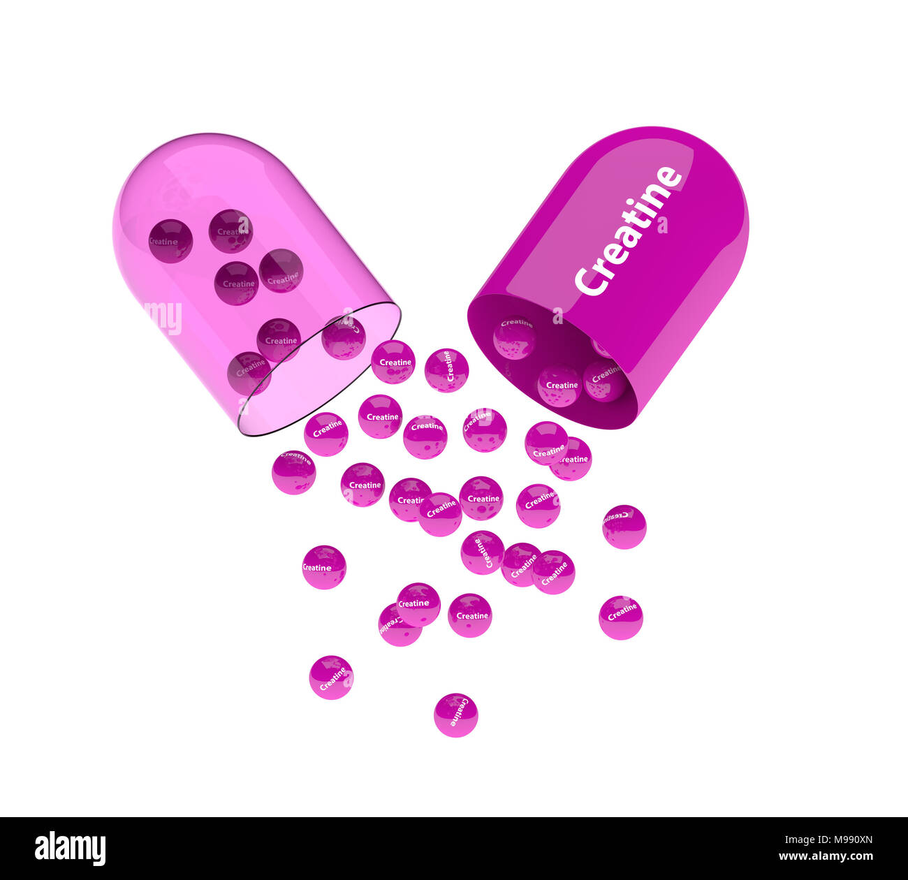 3d render of creatine pill with granules over white background. Sport ...