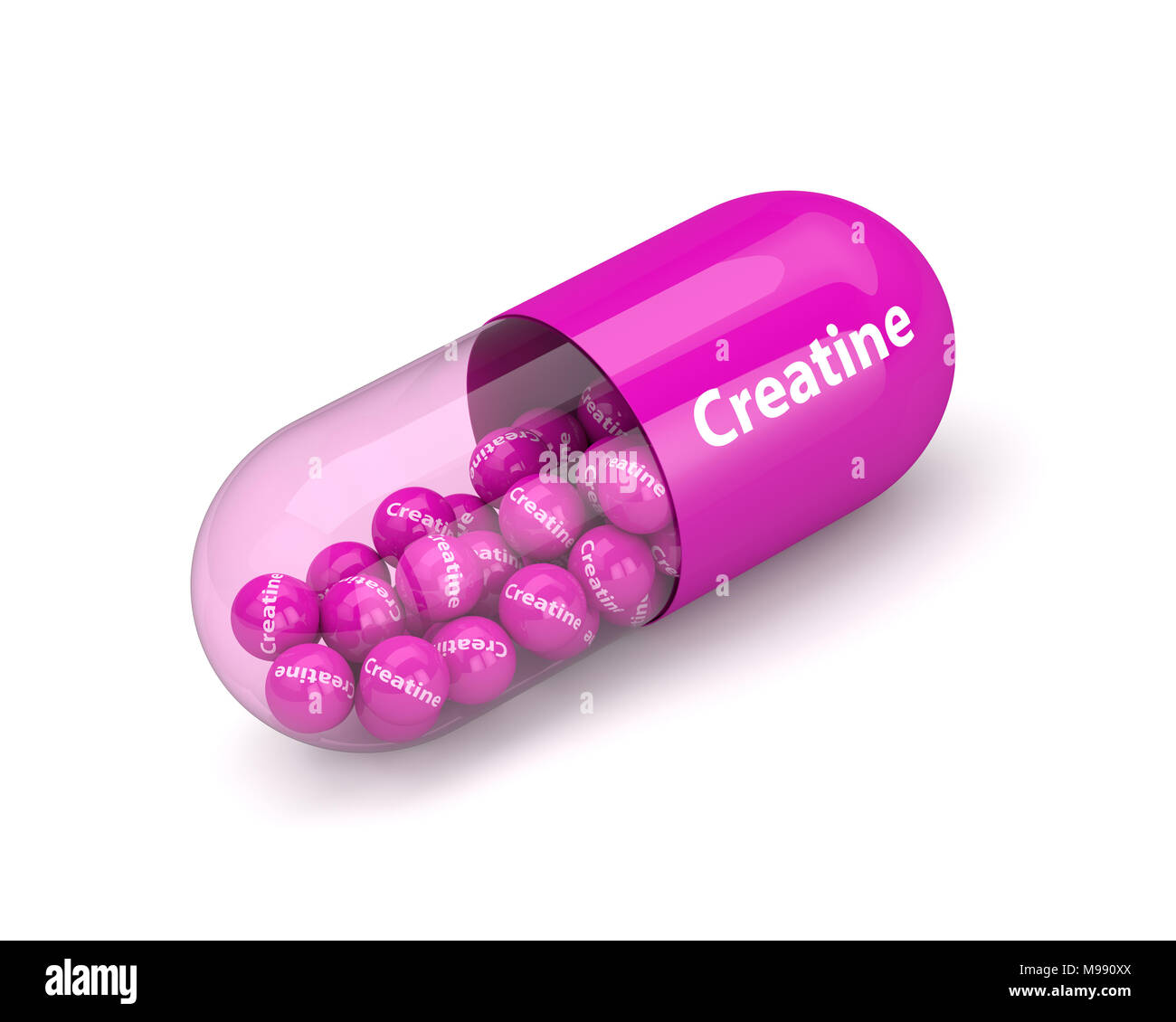 3d render of creatine pill with granules over white background. Sport ...