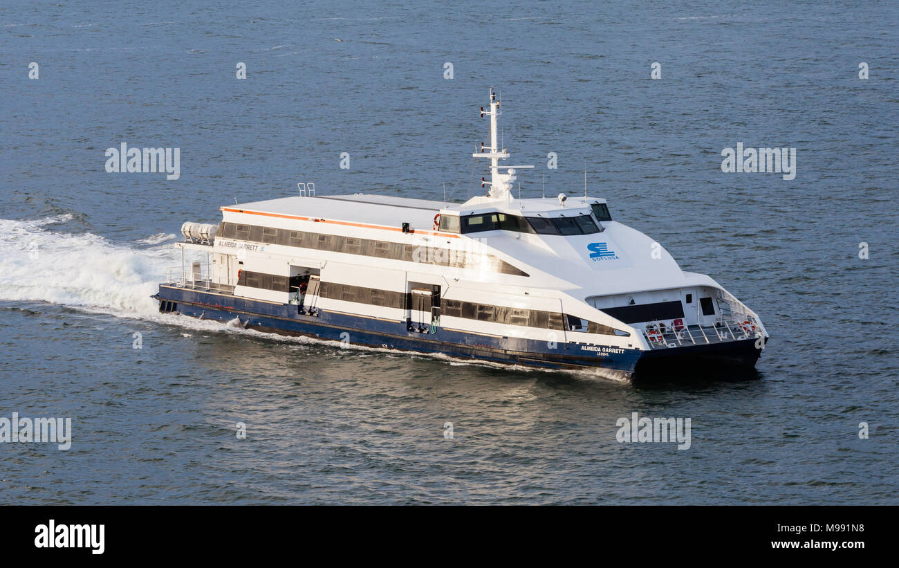 Ferry boat Almeida Garrett is pictured crossing the River Tagus towards ...