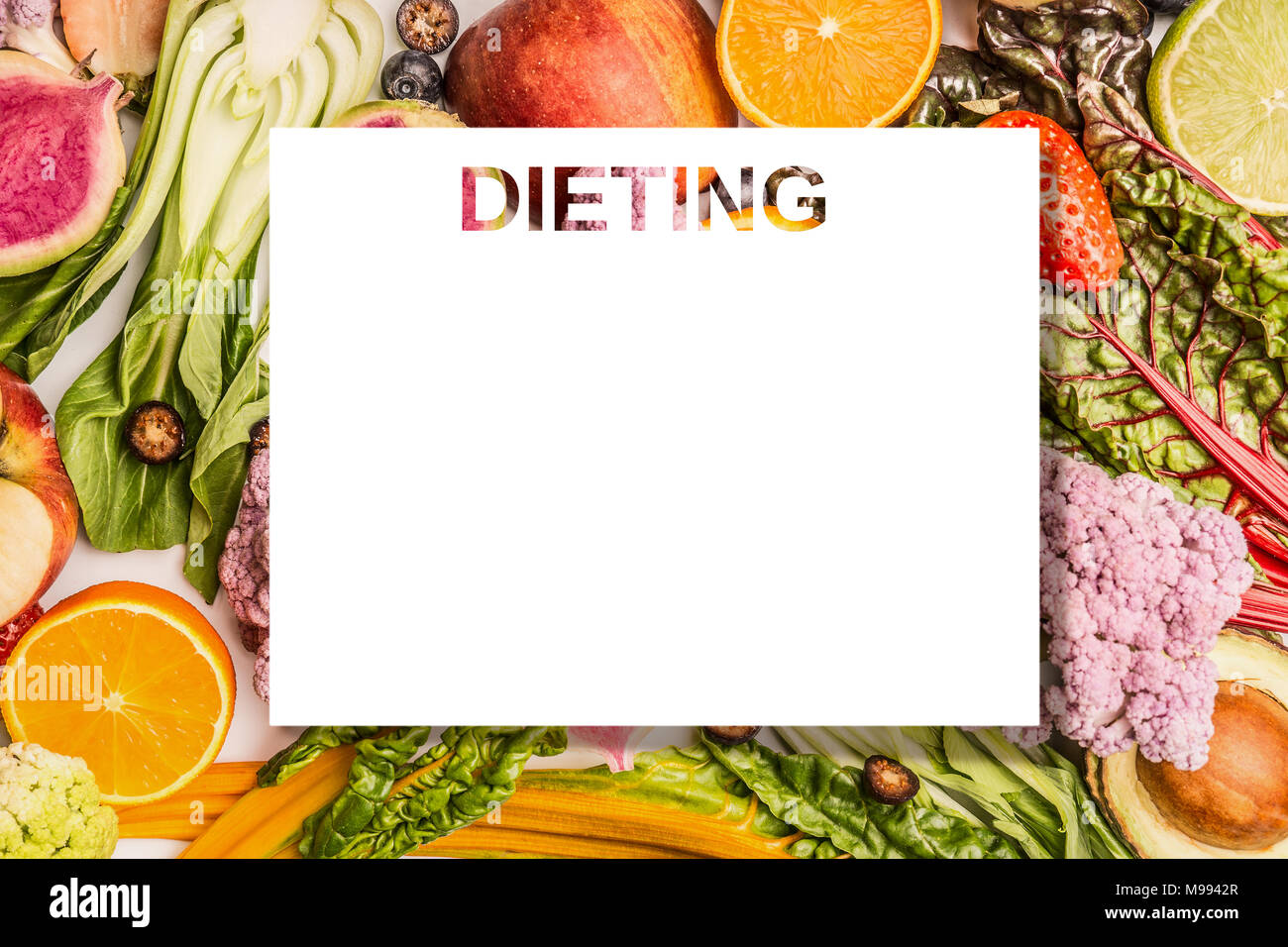 Dieting plan concept. Colorful fruits and vegetables background with ...