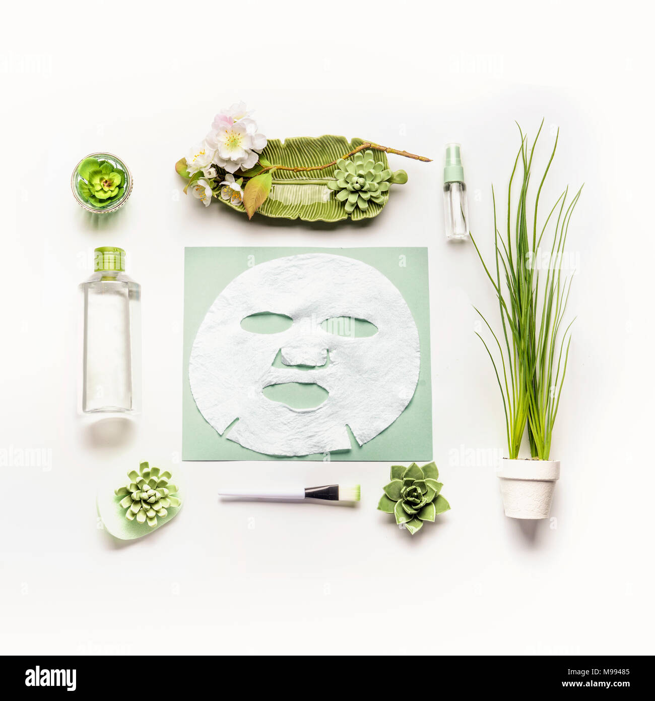 Modern facial skin care setting . Herbal cosmetic concept. Sheet mask ...