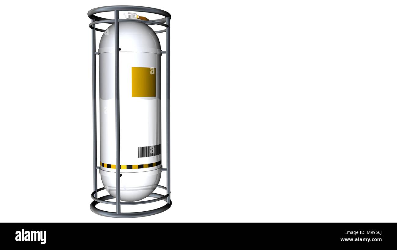 3D model of a reflective white metal container tank with yellow label ...
