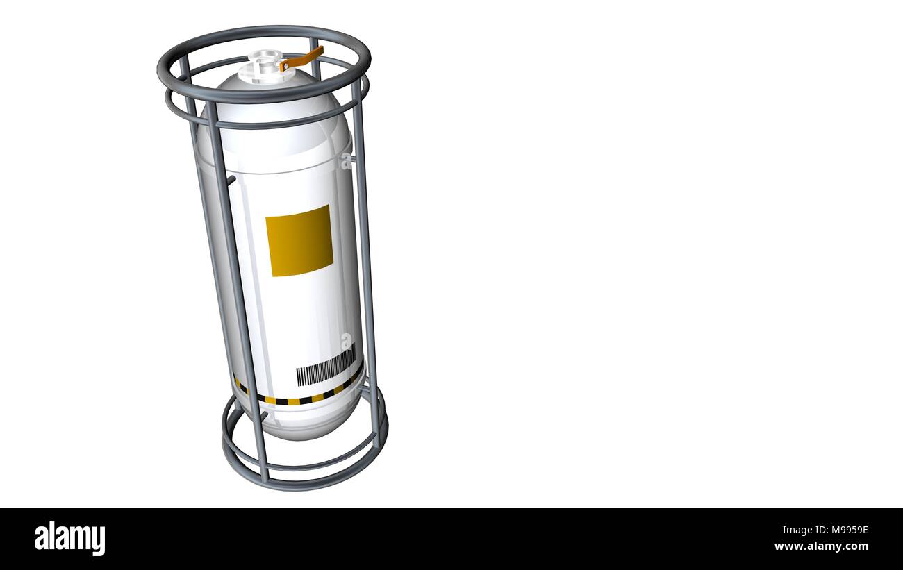 3D model of a reflective white metal container tank with yellow label ...