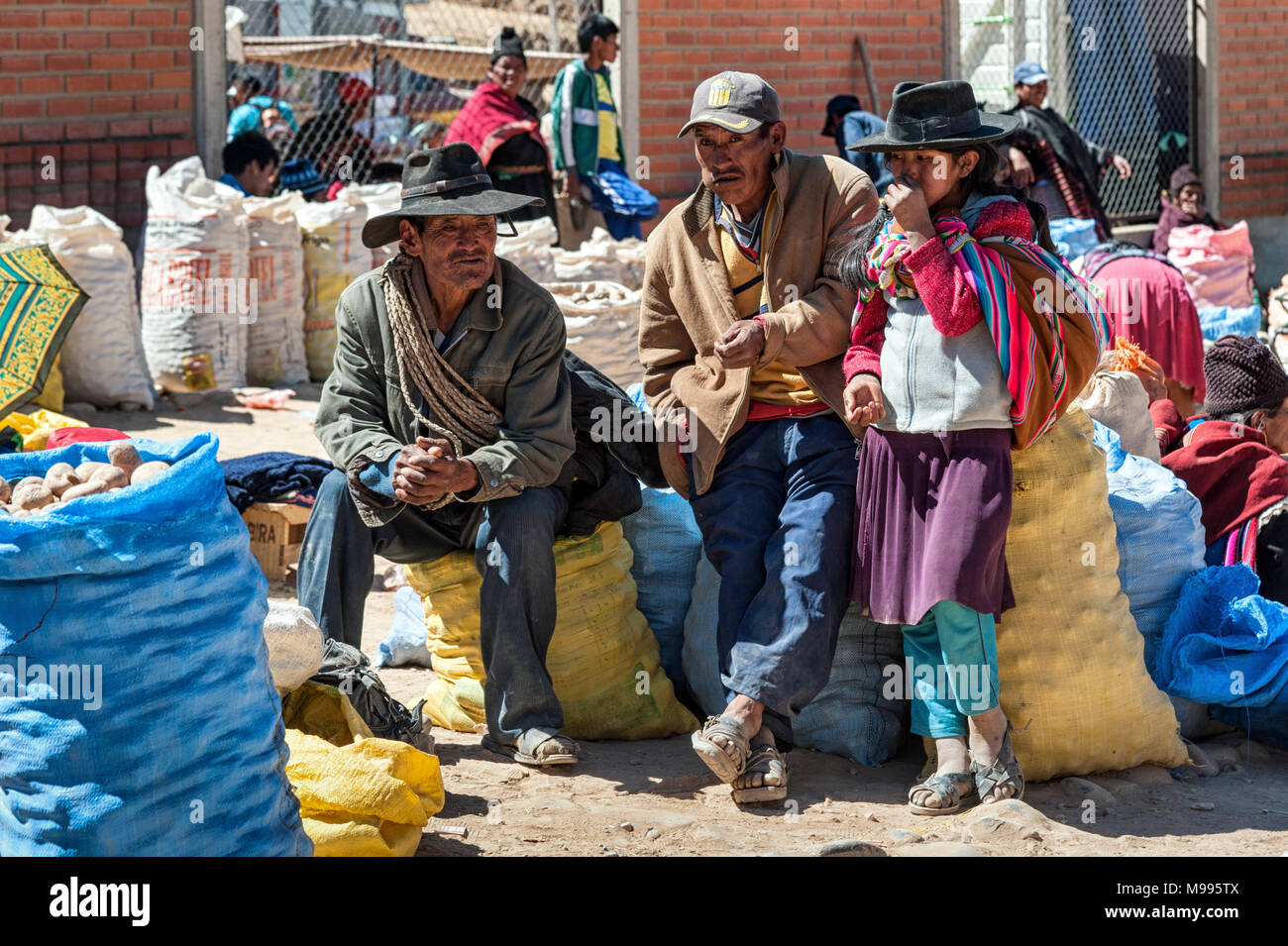 Unidentified indigenous native Quechua market traders selling fruit and ...