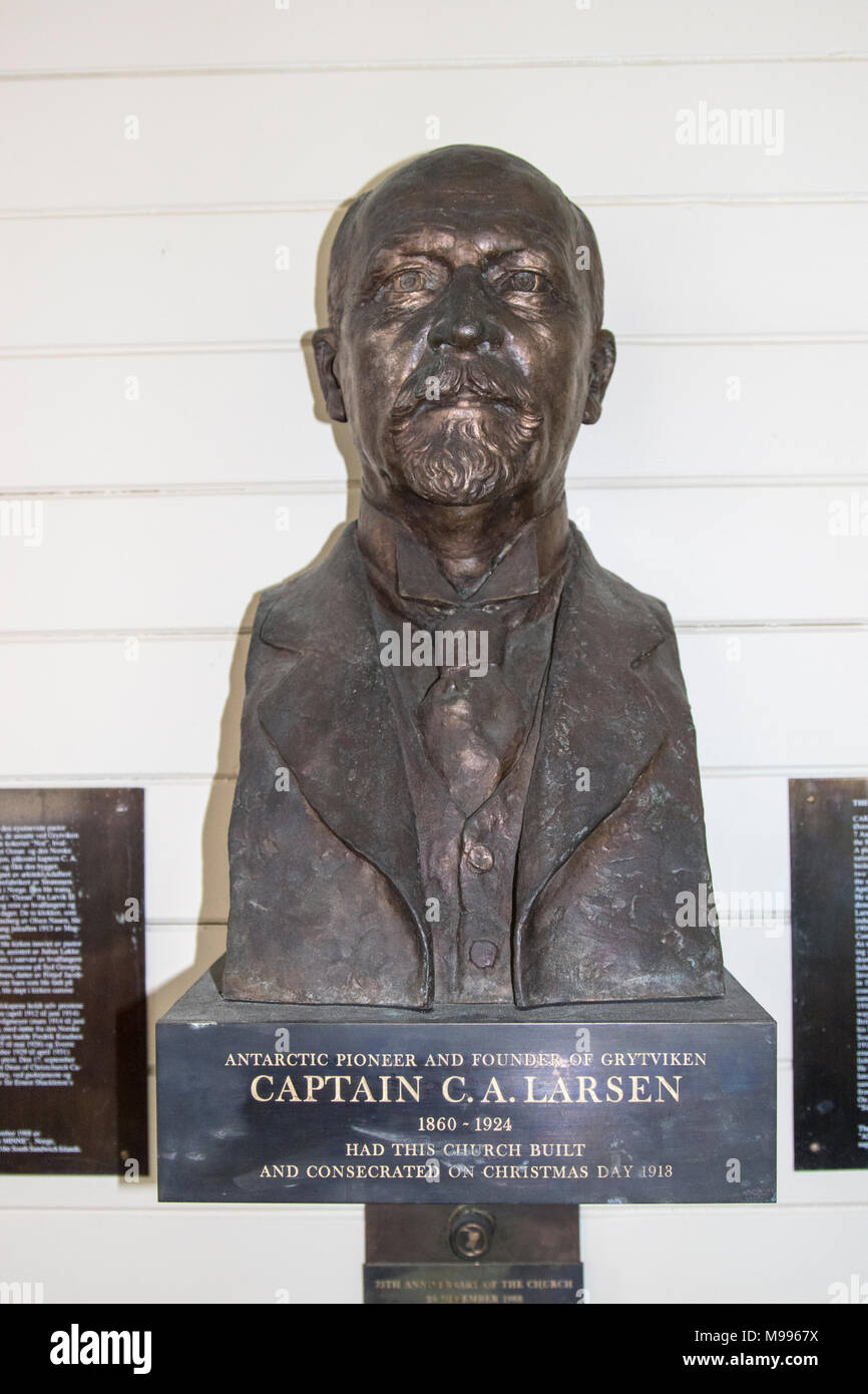 bust of Carl Larsen inside Norwegian church, Grytviken, South Georgia ...