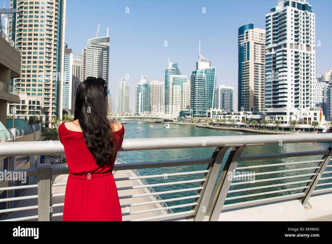 Girl enjoying a Dubai marina view in United Arab Emirates Stock Photo ...