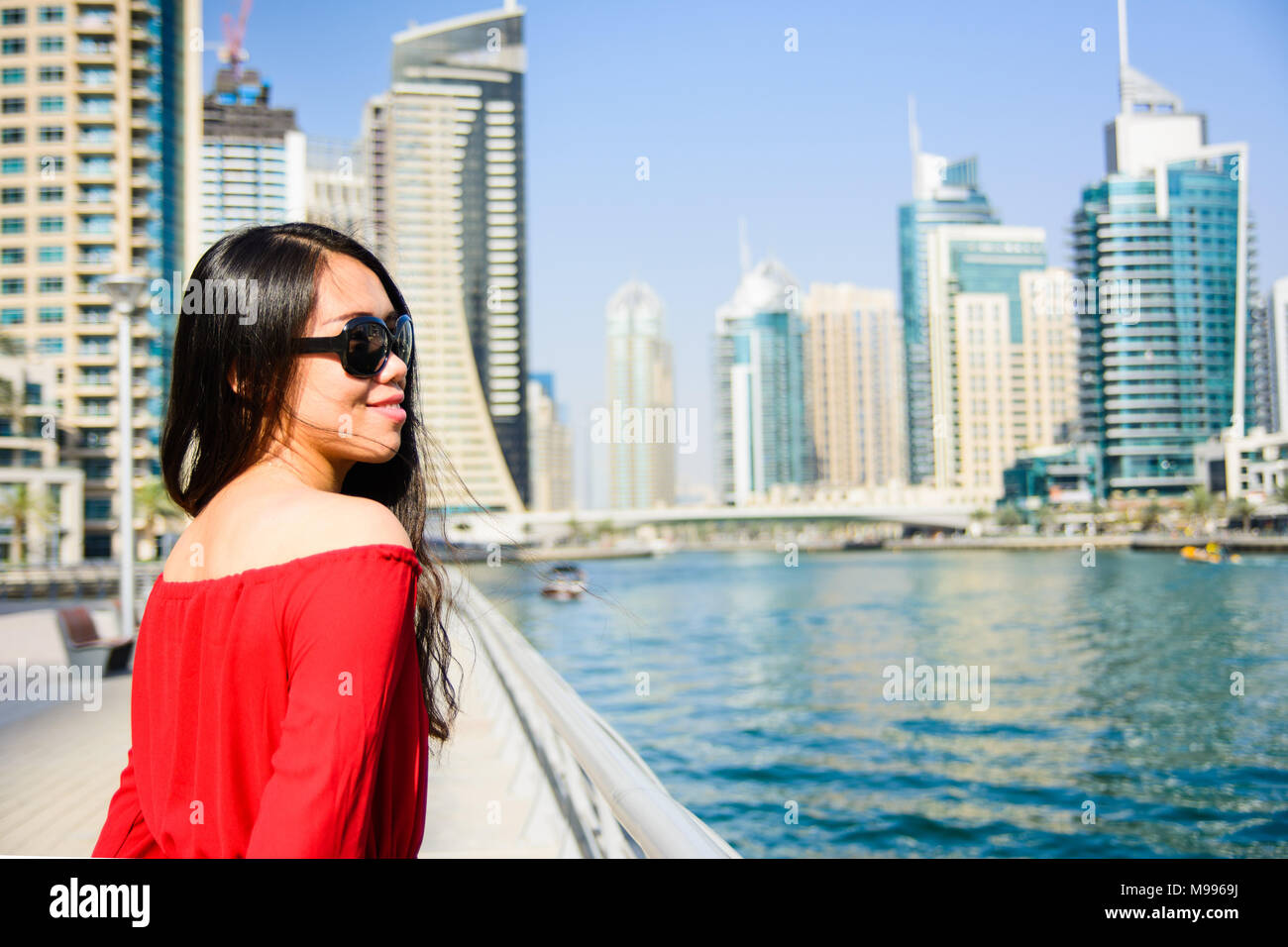 Girl enjoying a Dubai marina view in United Arab Emirates Stock Photo ...
