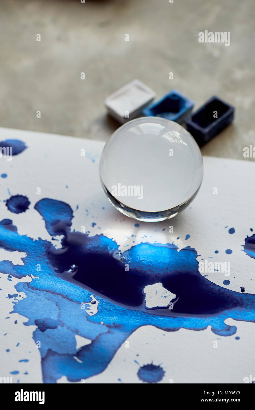 glass bowl and reflection in blue ink puddle.Abstraction Stock Photo ...