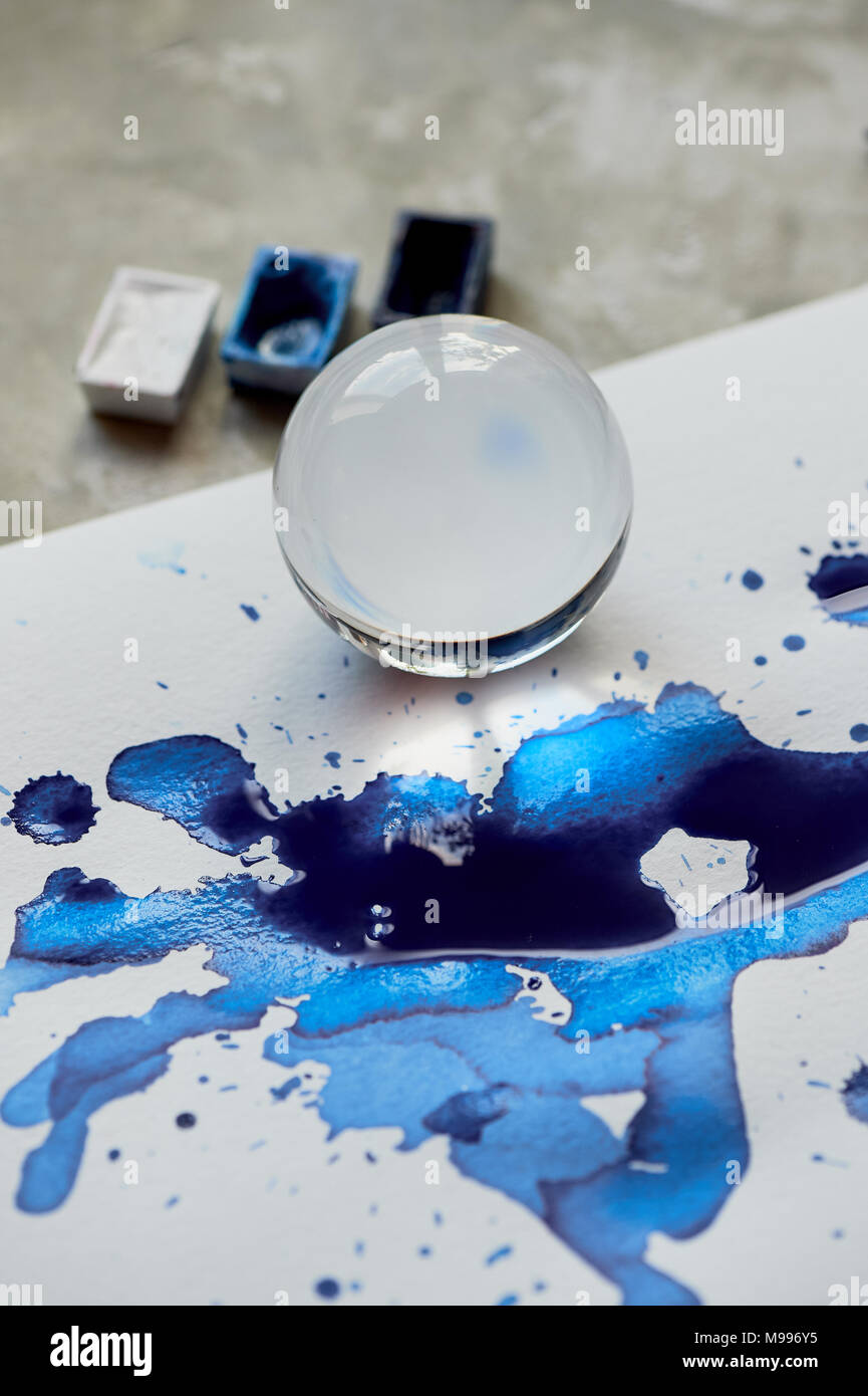 glass bowl and reflection in blue ink puddle.Abstraction Stock Photo ...