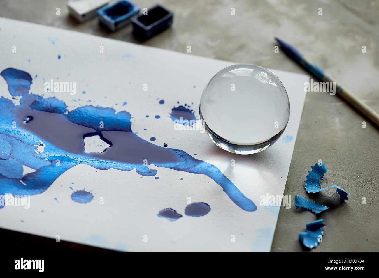 glass bowl and reflection in blue ink puddle.Abstraction Stock Photo ...