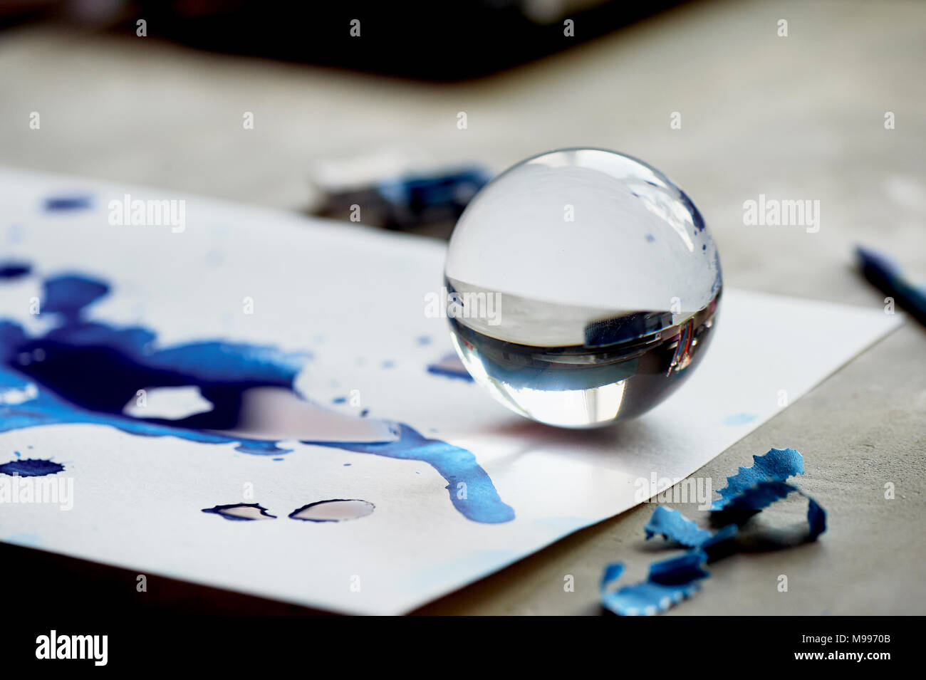 glass bowl and reflection in blue ink puddle.Abstraction Stock Photo ...