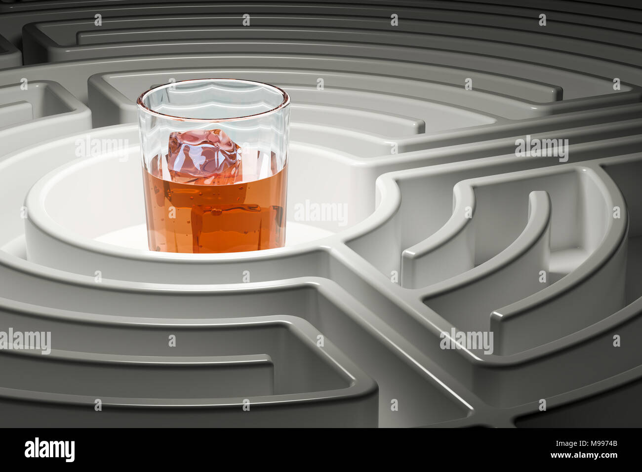 Alcoholism concept. Glass with alcohol drink inside labyrinth maze, 3D ...