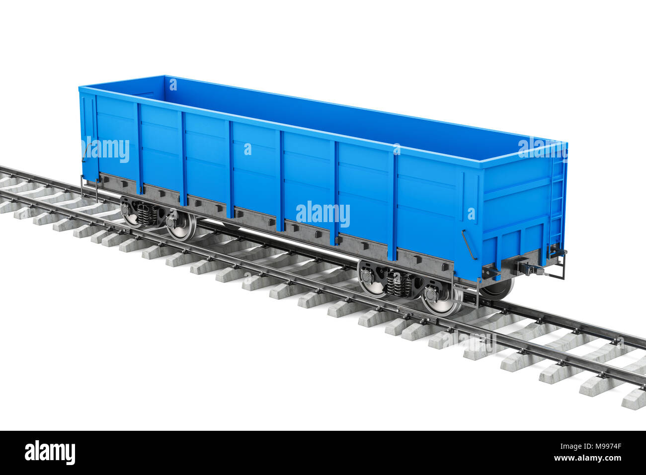 Blue empty freight wagon on the railway, 3D rendering isolated on white ...